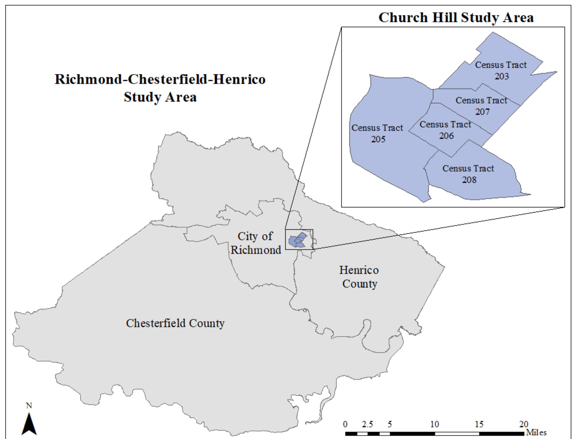 Map of richmond-chesterfield-henrico study area and church