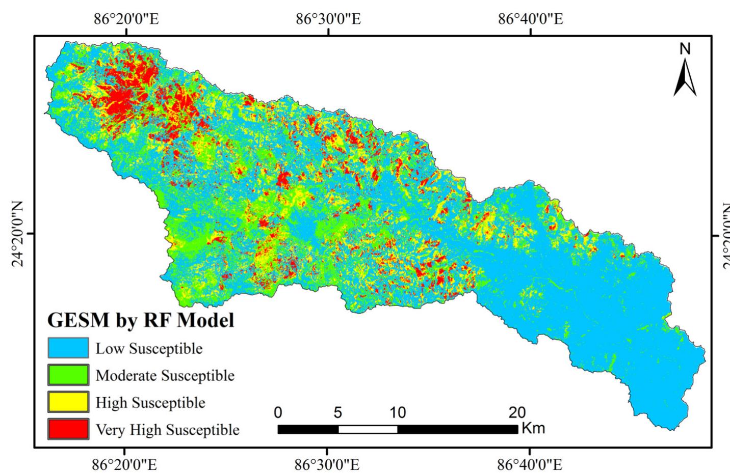 Gully erosion susceptibility map produced using rf model.