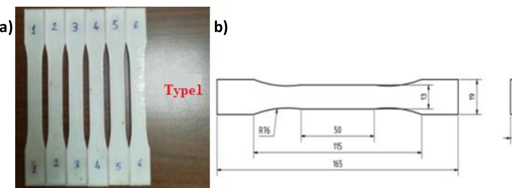 A) tensile test samples, b) dimensions of tensile test