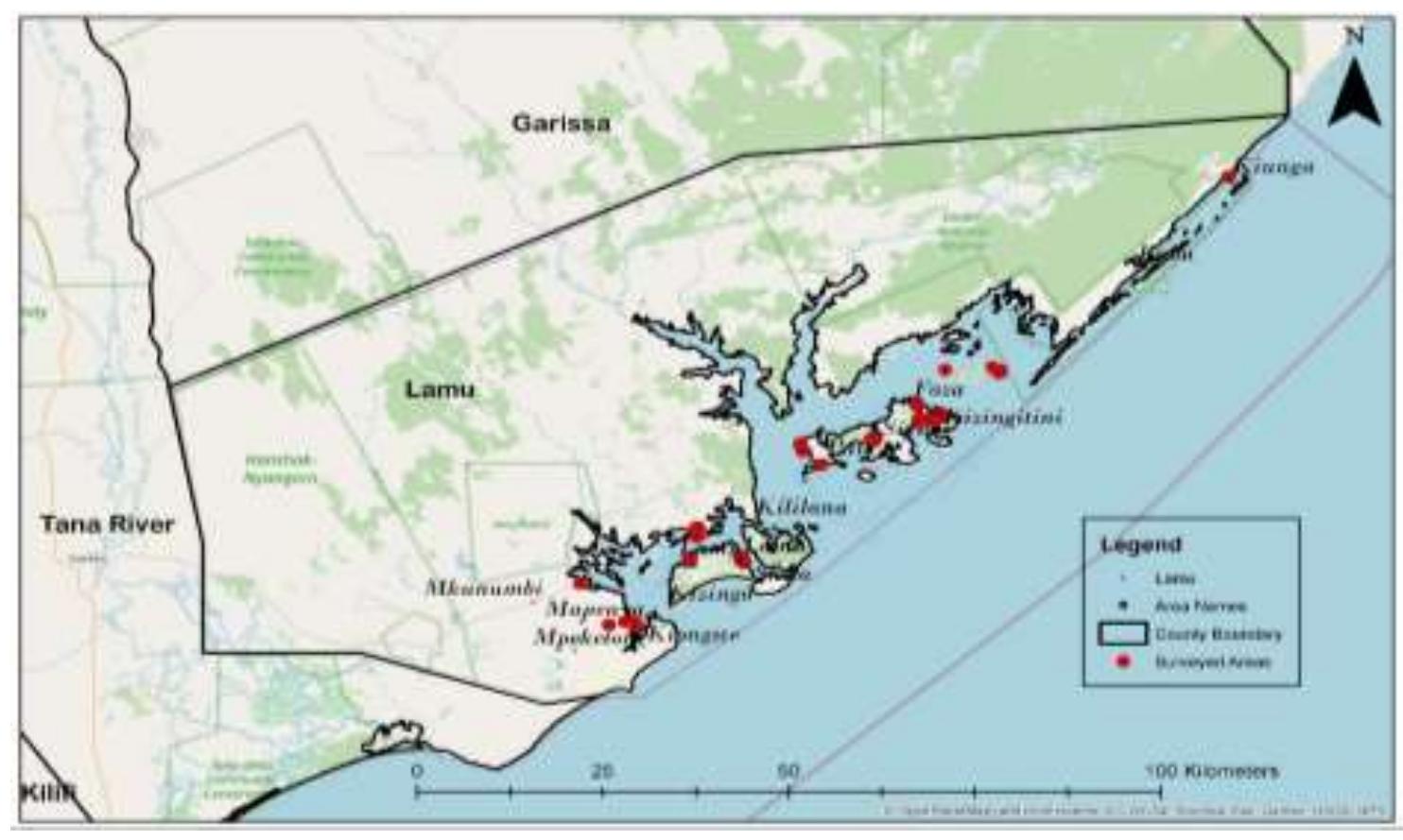 The map of surveyed area in lamu county the study was