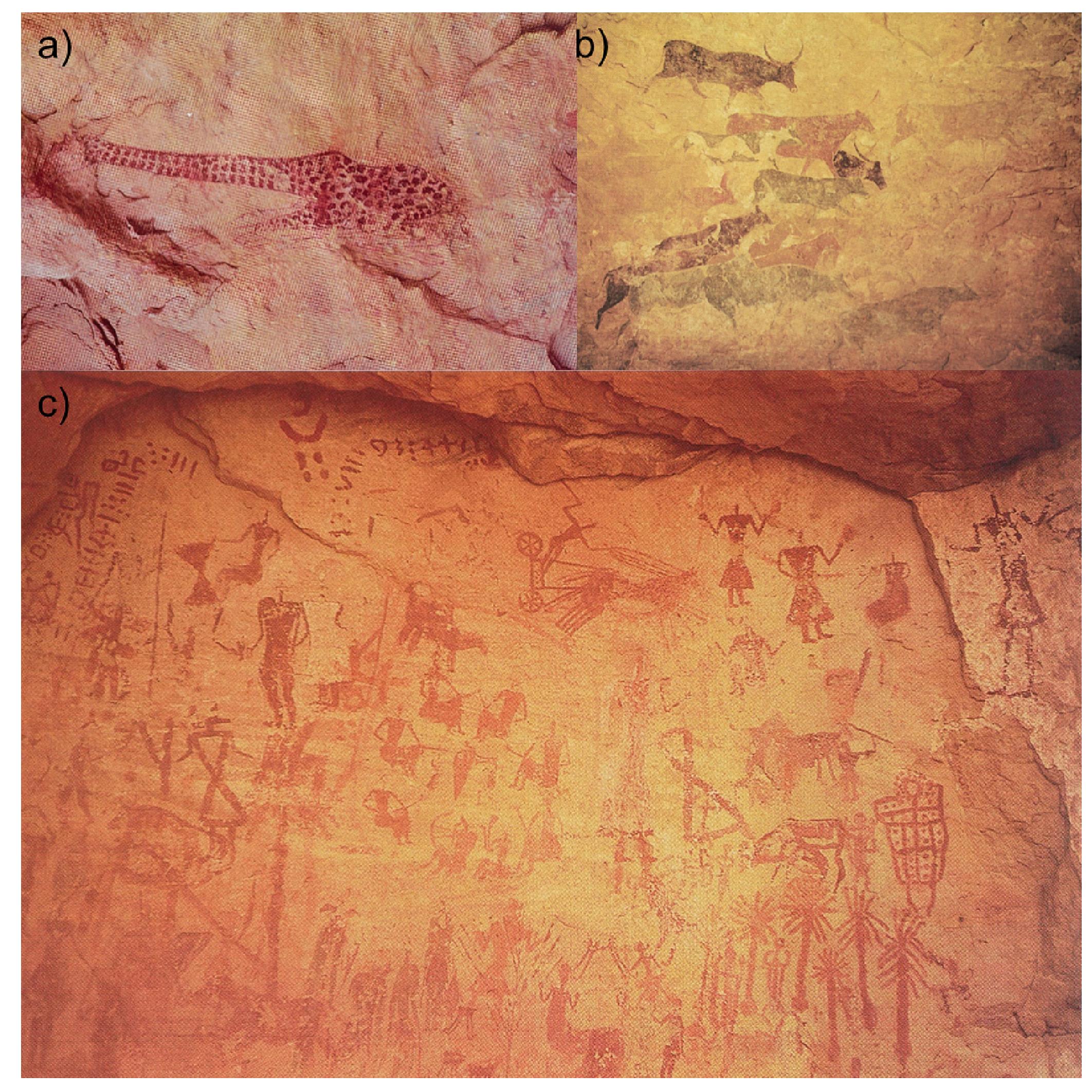 Rock art from the sahara: a) in-djerane, tassili hills,