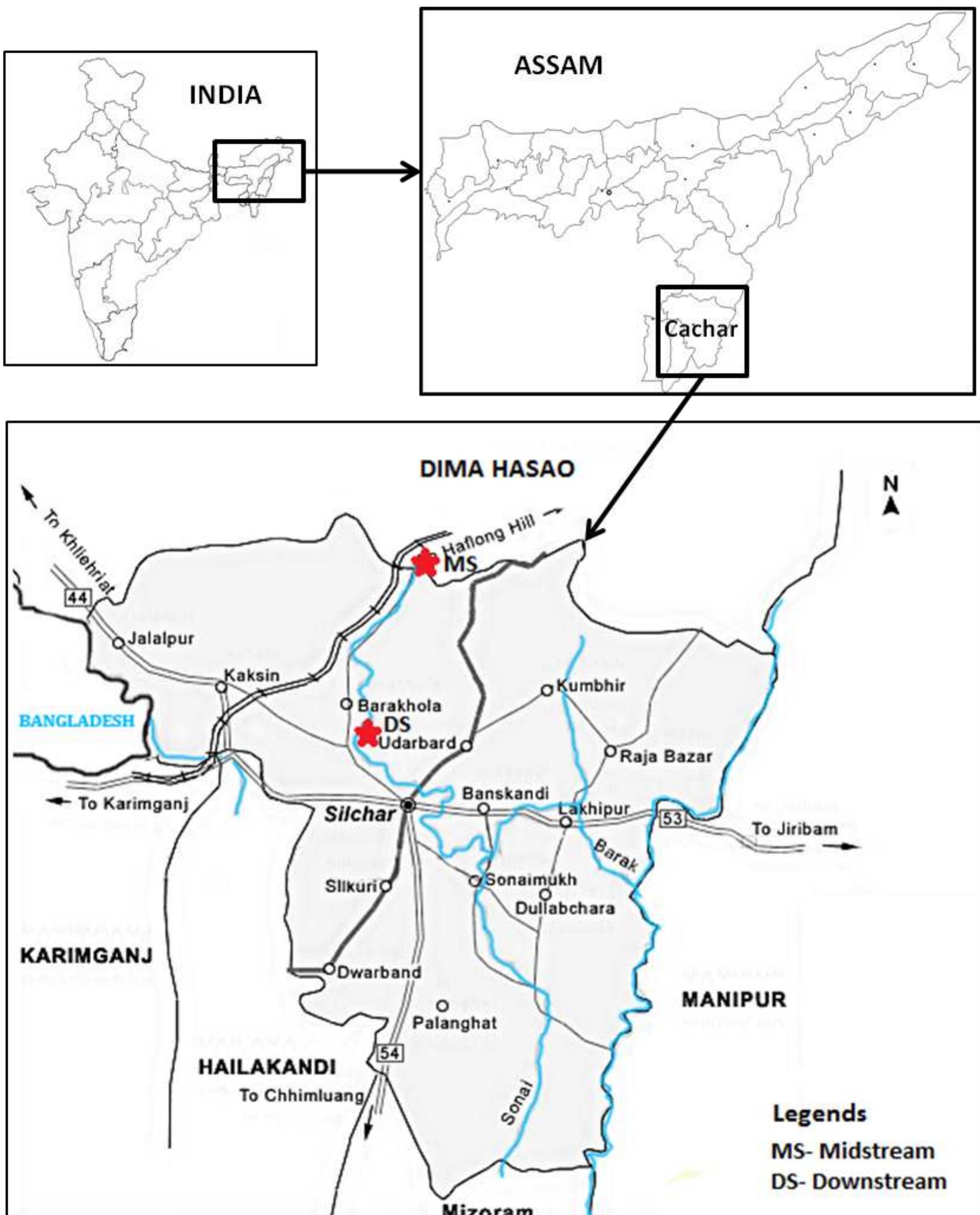 Map showing midstream and downstream of river jatinga. map