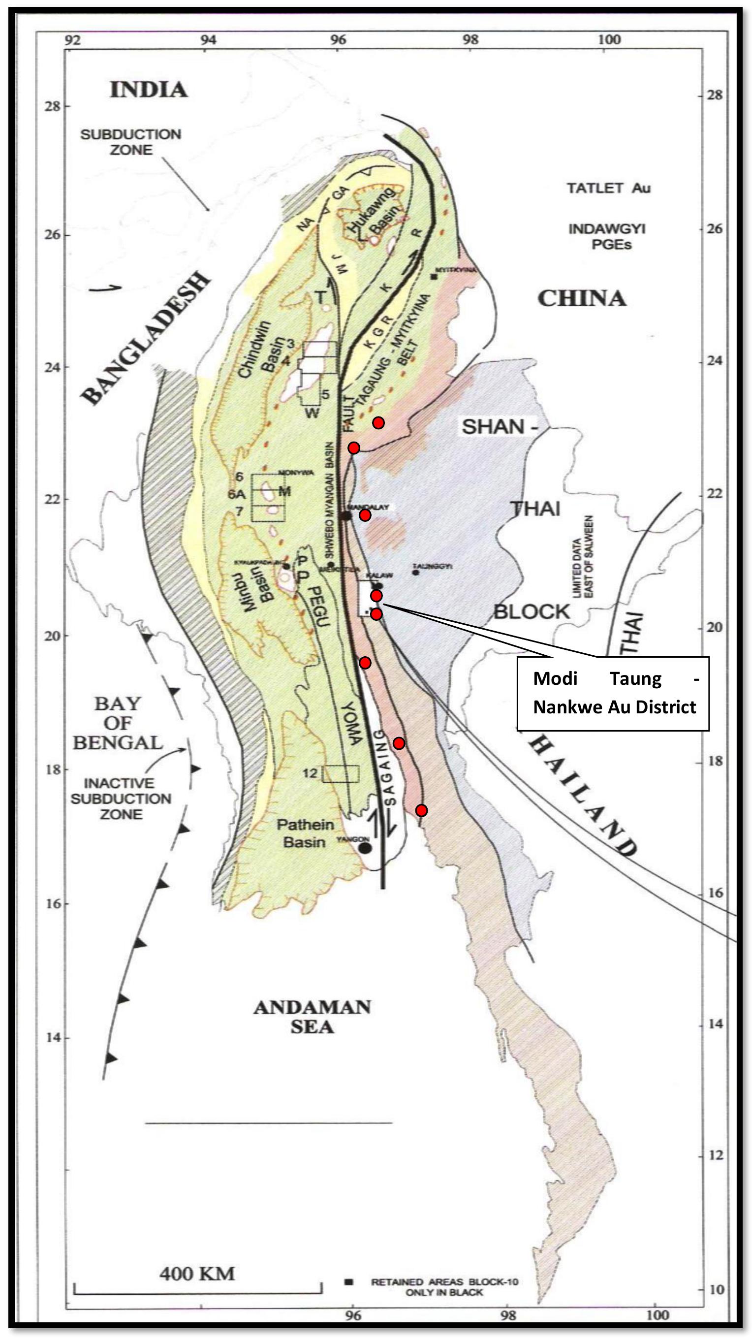 Myanmar map showing the slate belt and mesothermal gold vein