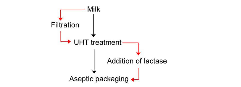 Flowchart of production of lactose-hydrolyzed uht milk (red)