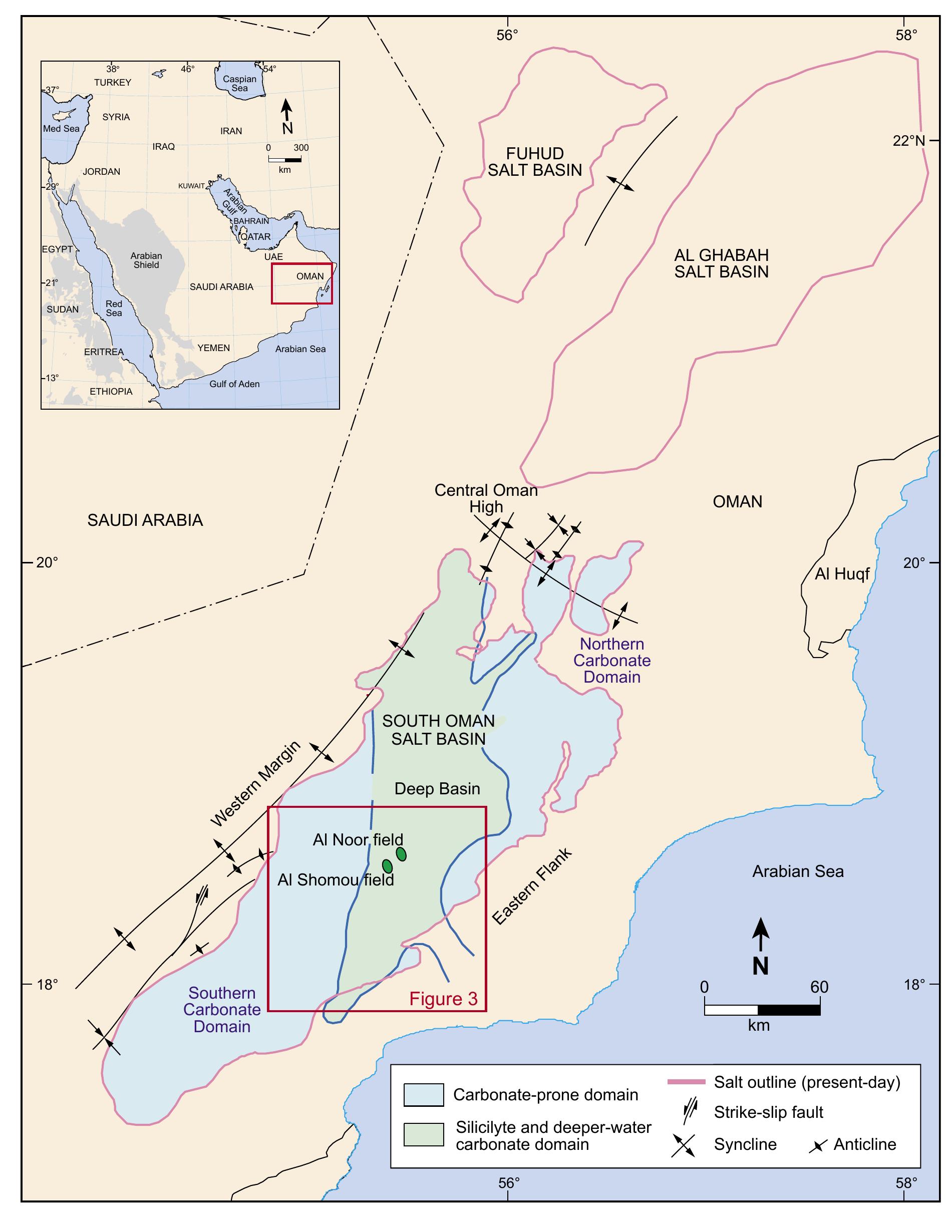 Location map showing the position of the salt basins and the