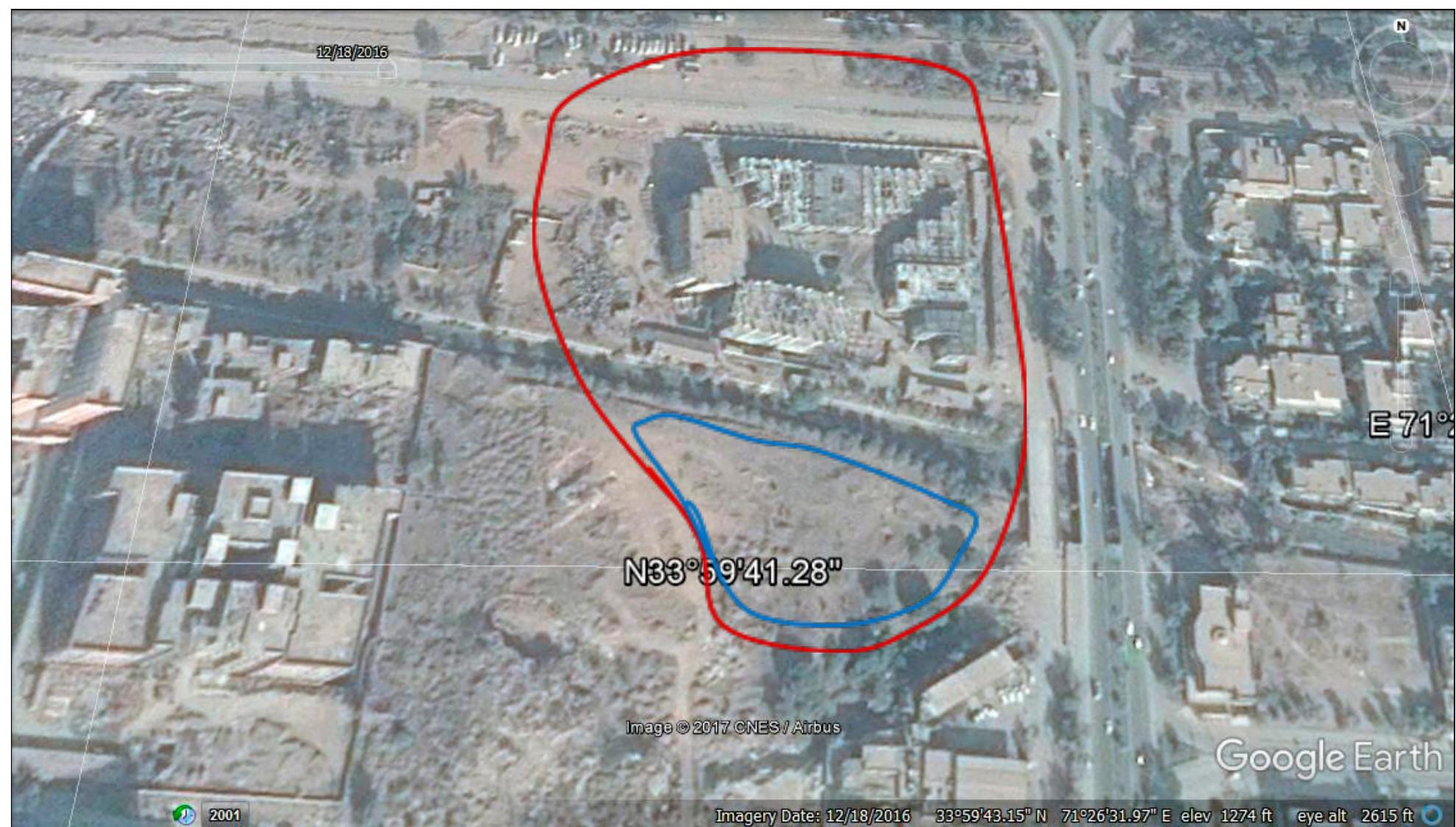 Google earth map 2016: large circle represents the original