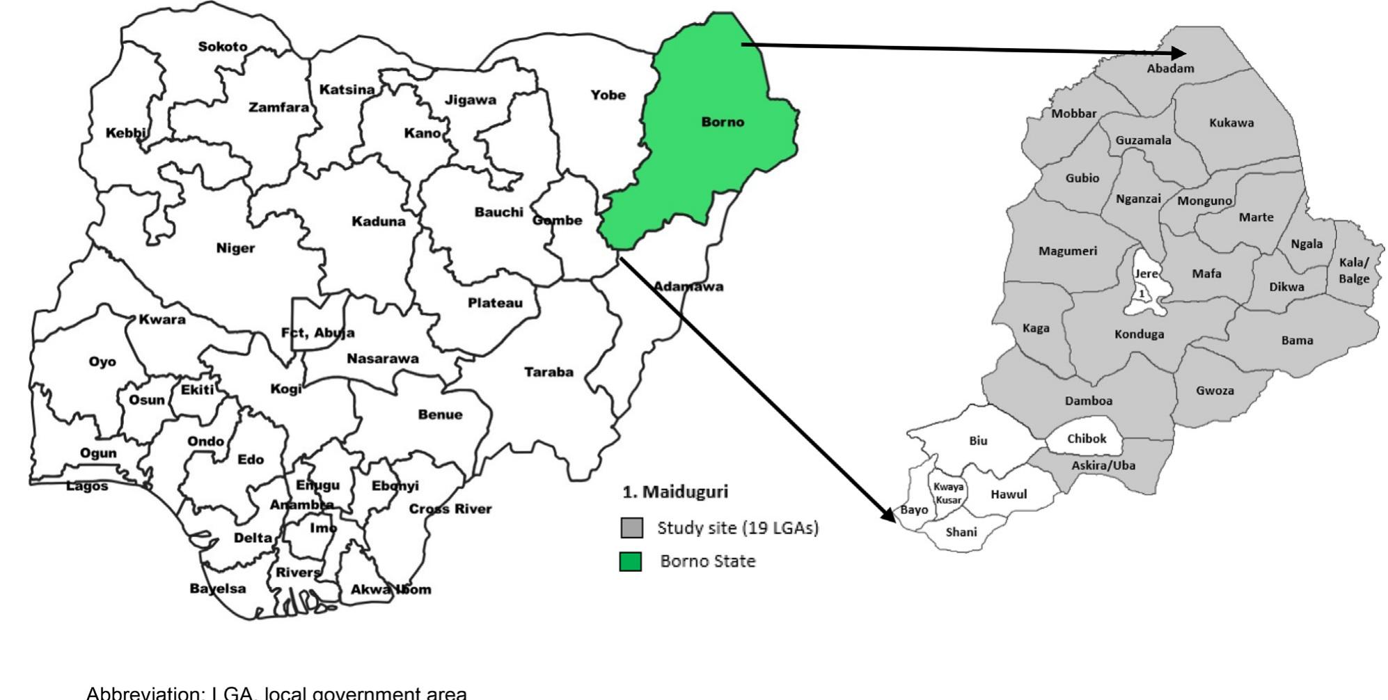 Map of nigeria showing the geographical location of borno