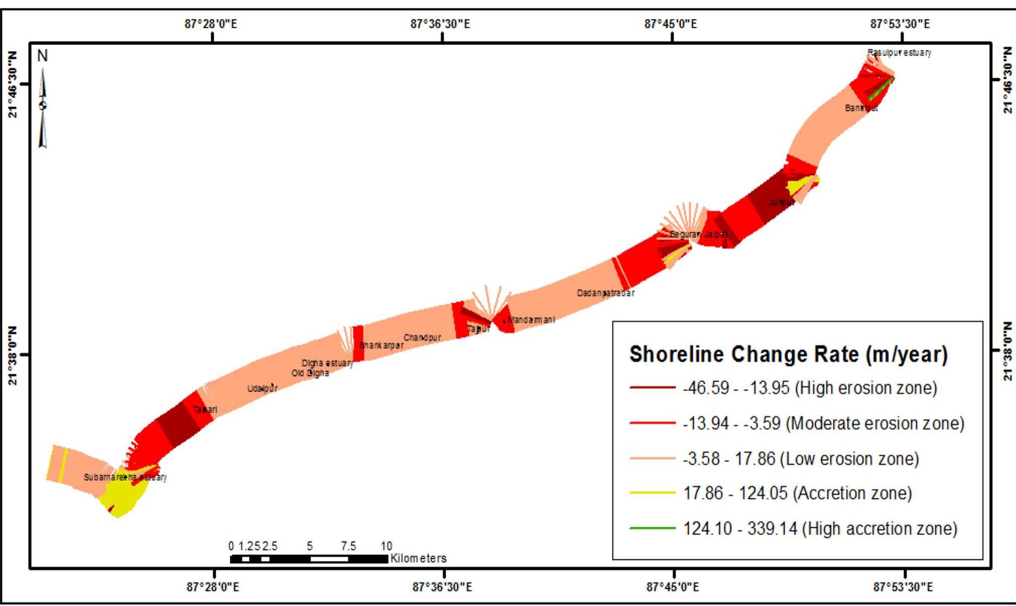 The erosion accretion zonation map of the study area and