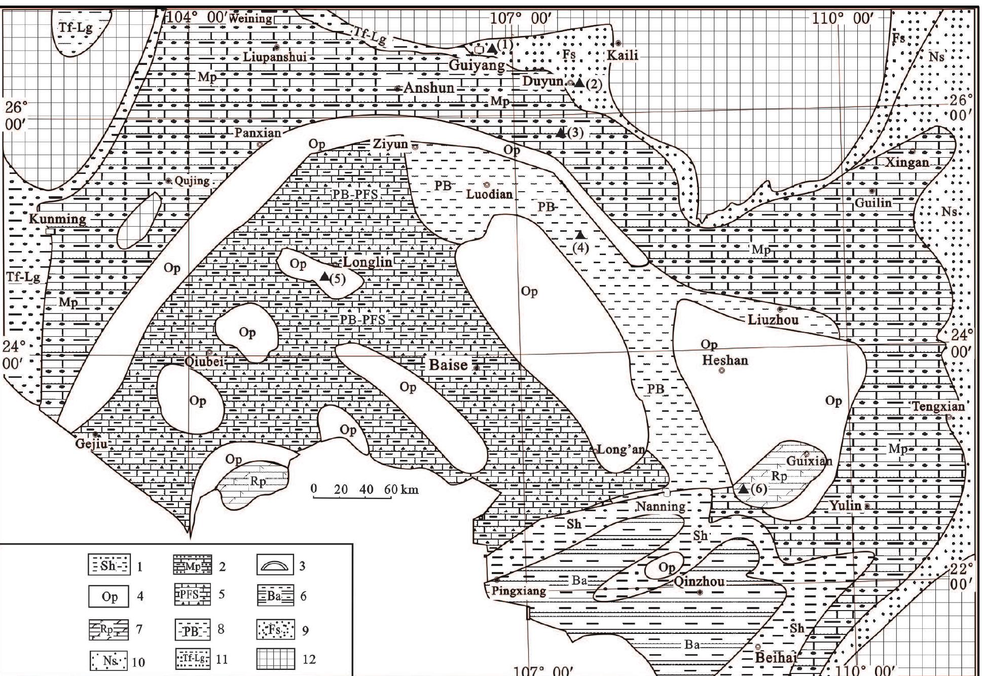 Outline map showing the sedimentary facies and