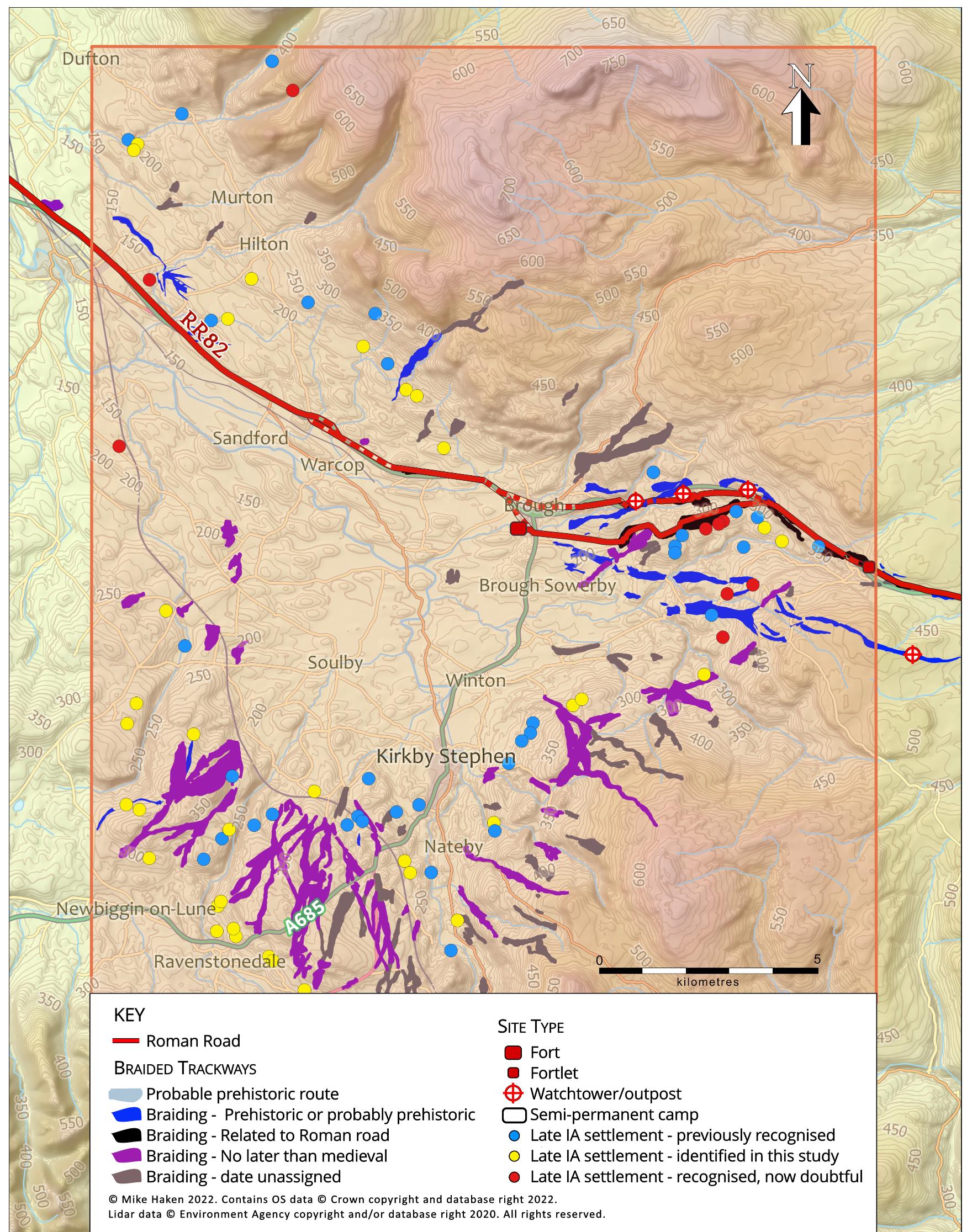 Map showing the areas of braided trackway identified in the