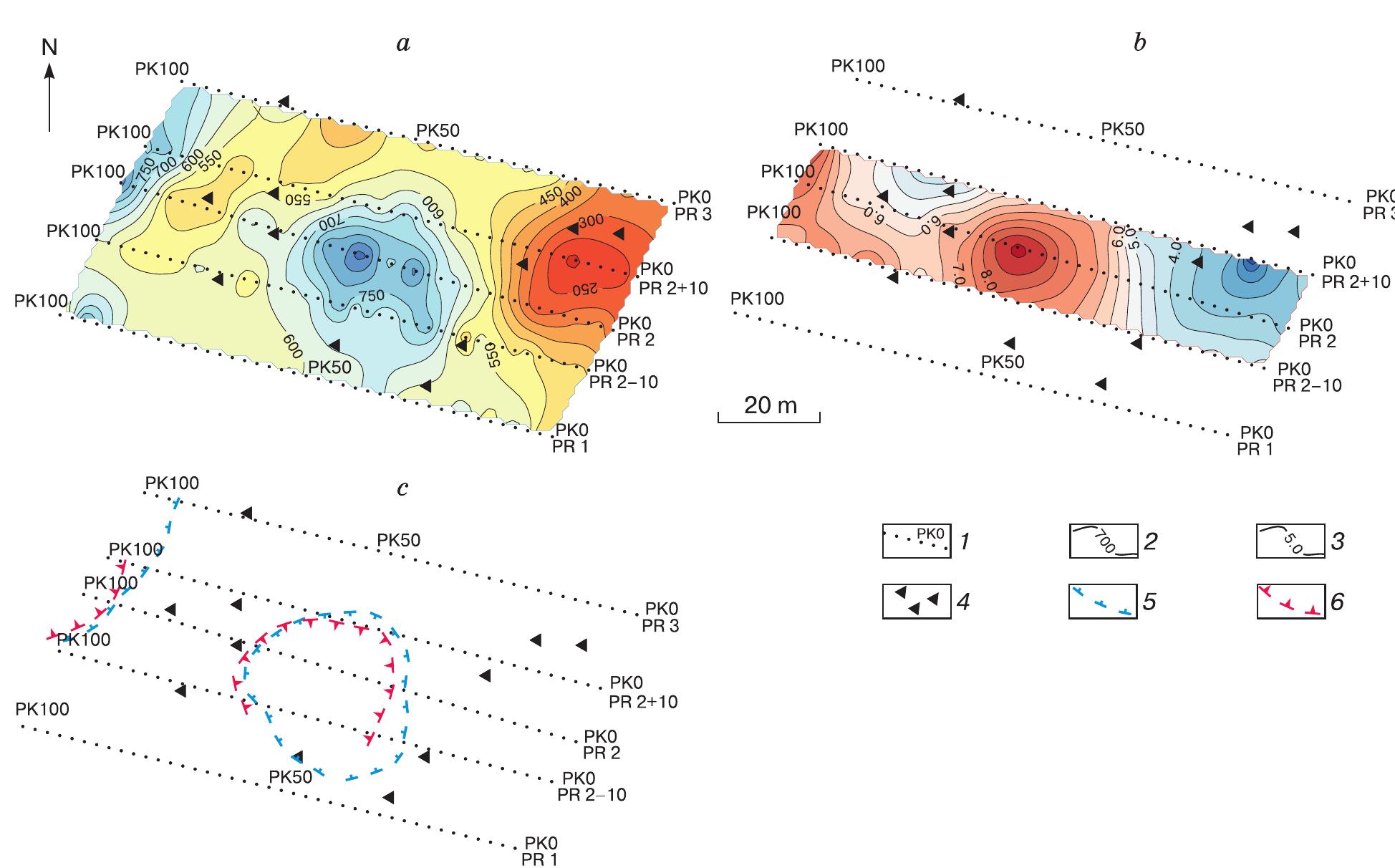 A—acontour map of apparent resistivity according to sep; b