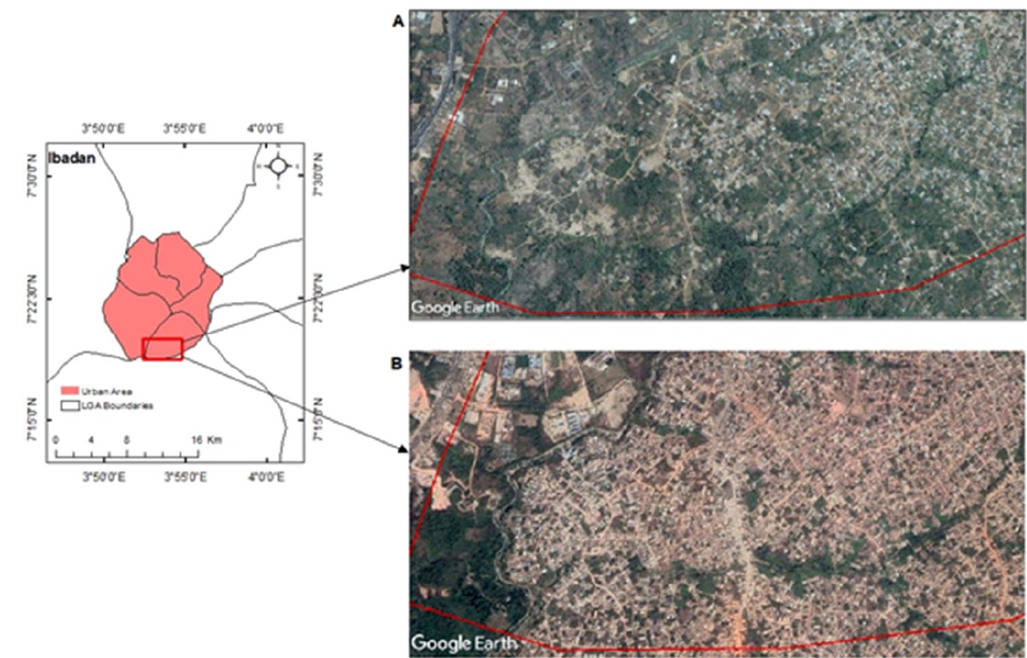 Map of urban area of ibadan (showing a satellite image