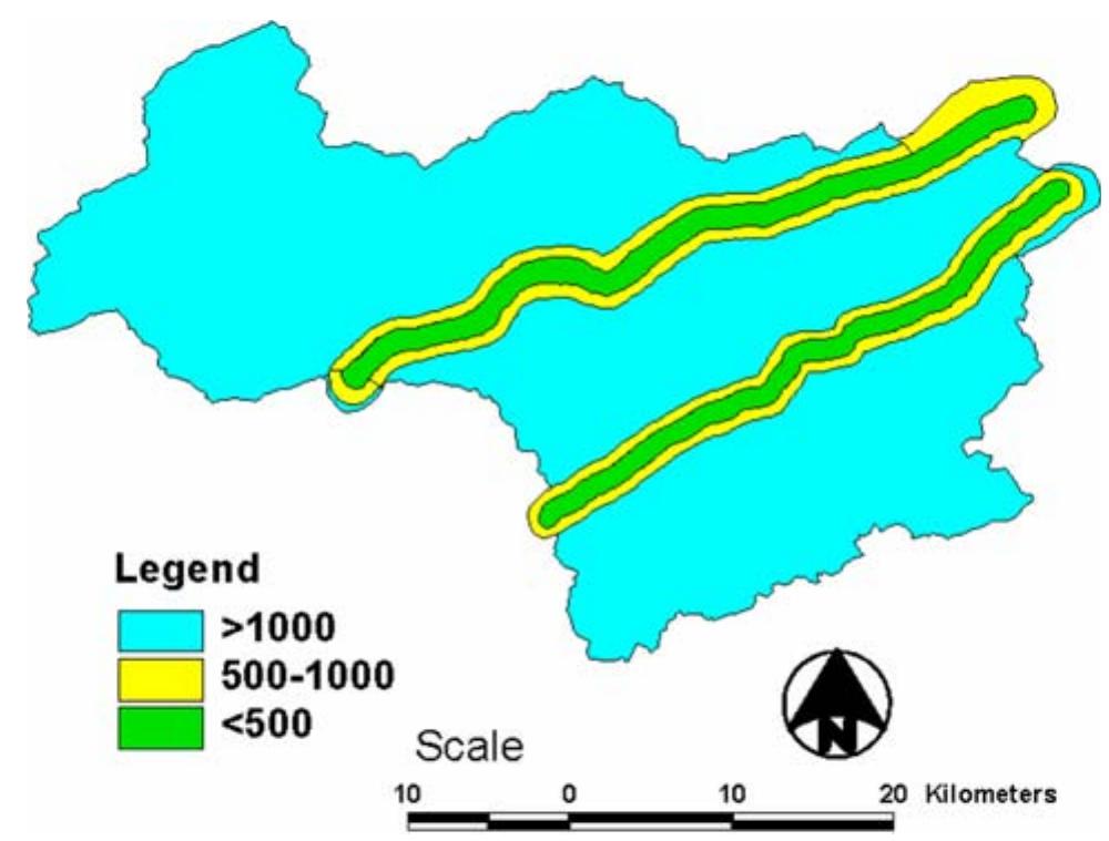 Thrust (buffer) map of the study area