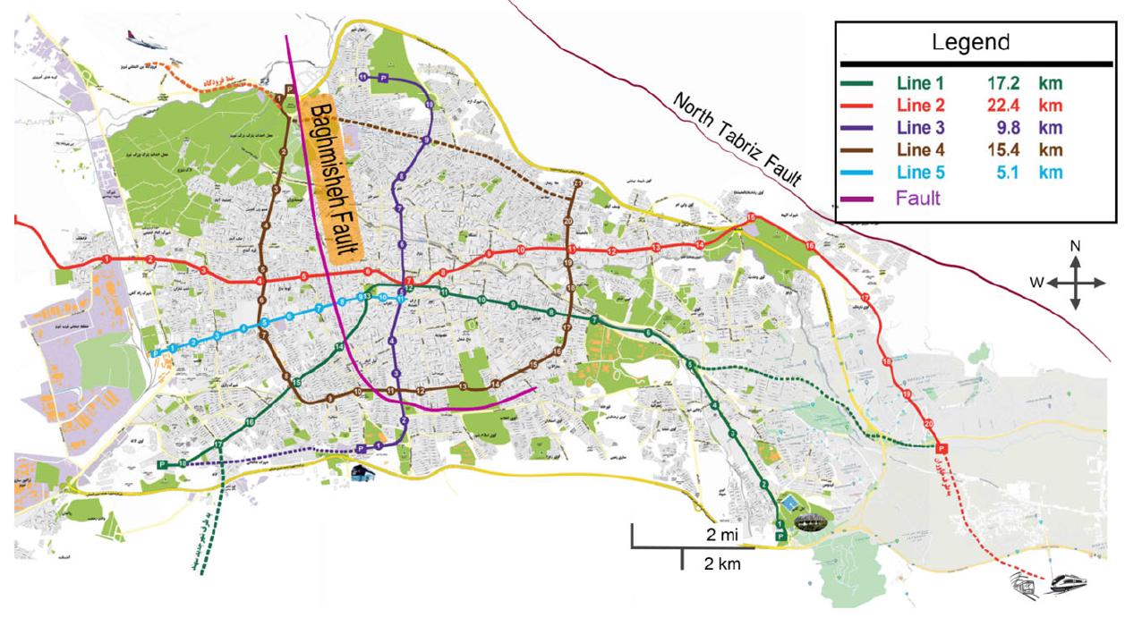 Metro lines of tabriz and possible fault zones. tabriz, a