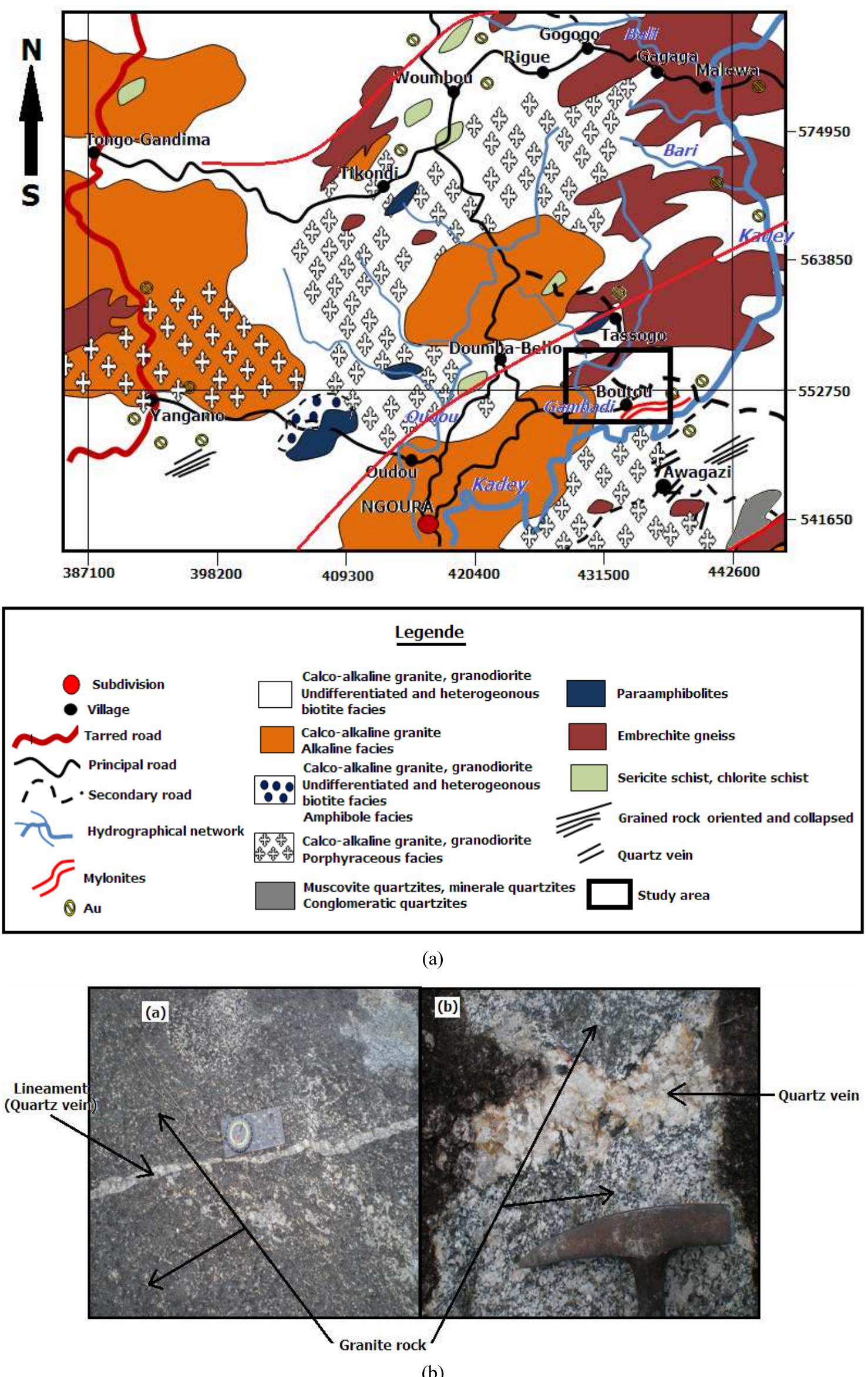 (a) geological map of the study area; (b) (1)-(2) quartz