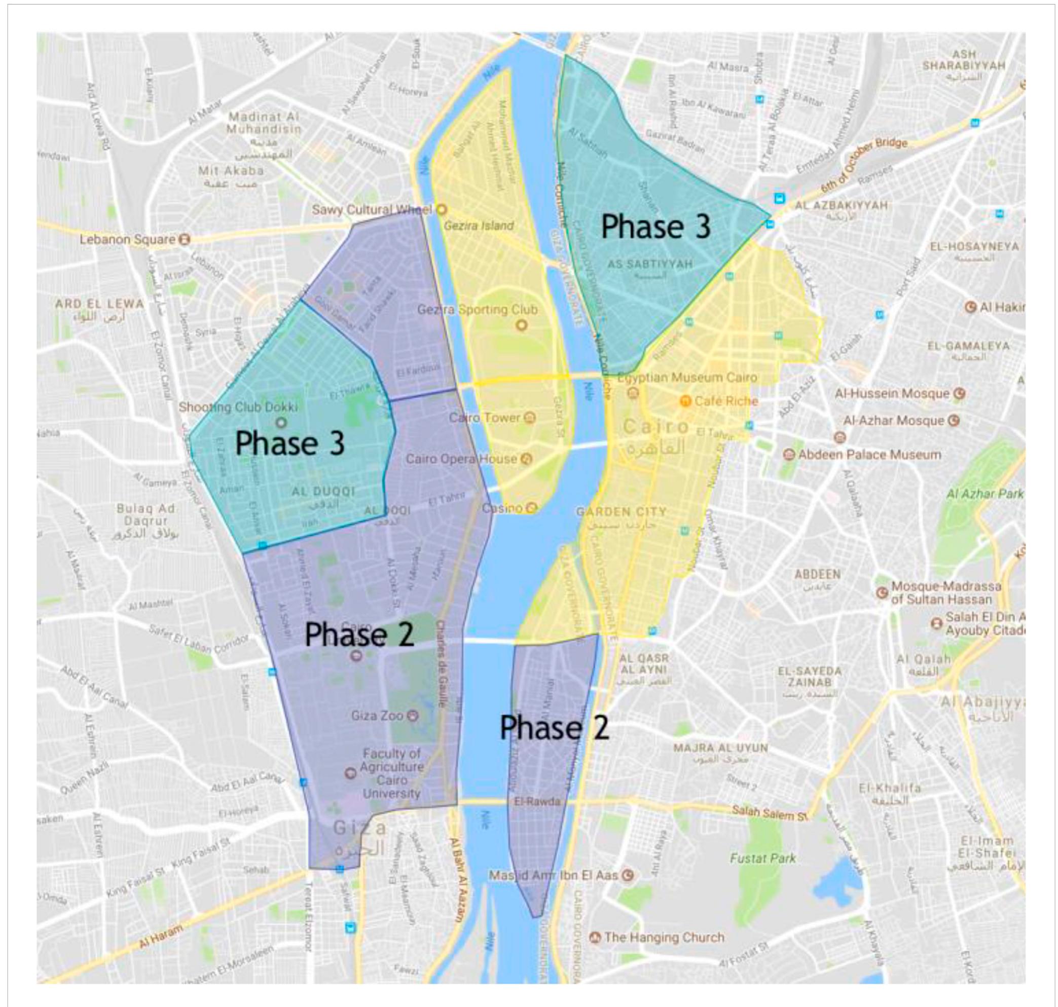 Cairo bike project phases on the map of downtown cairo