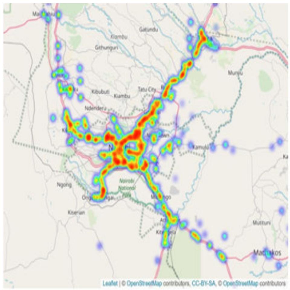 Heap map of road accidents in nairobi city.