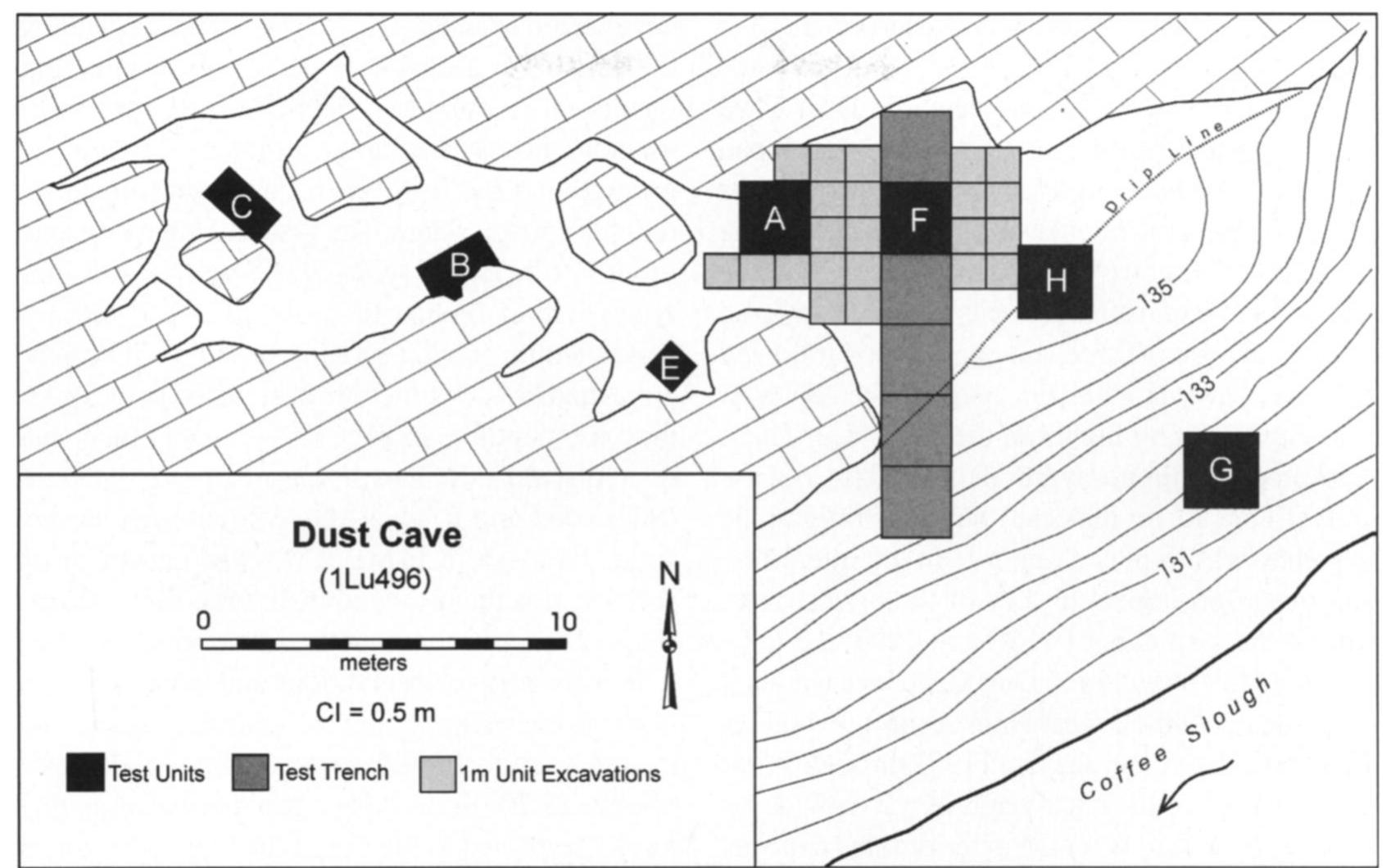 Plan view of dust cave with excavation units.
