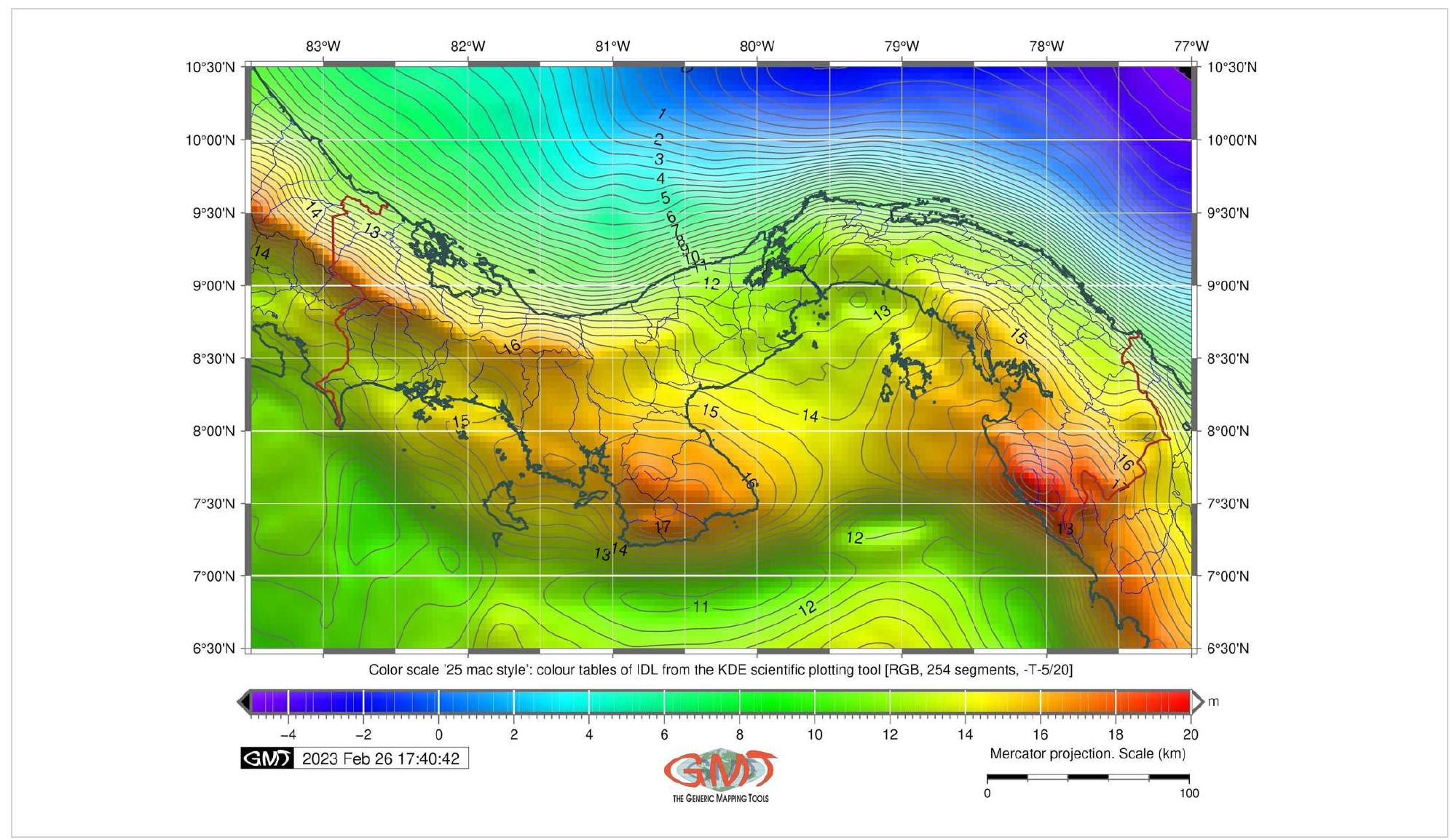 Geoid model visualized using gmt console scripting. map