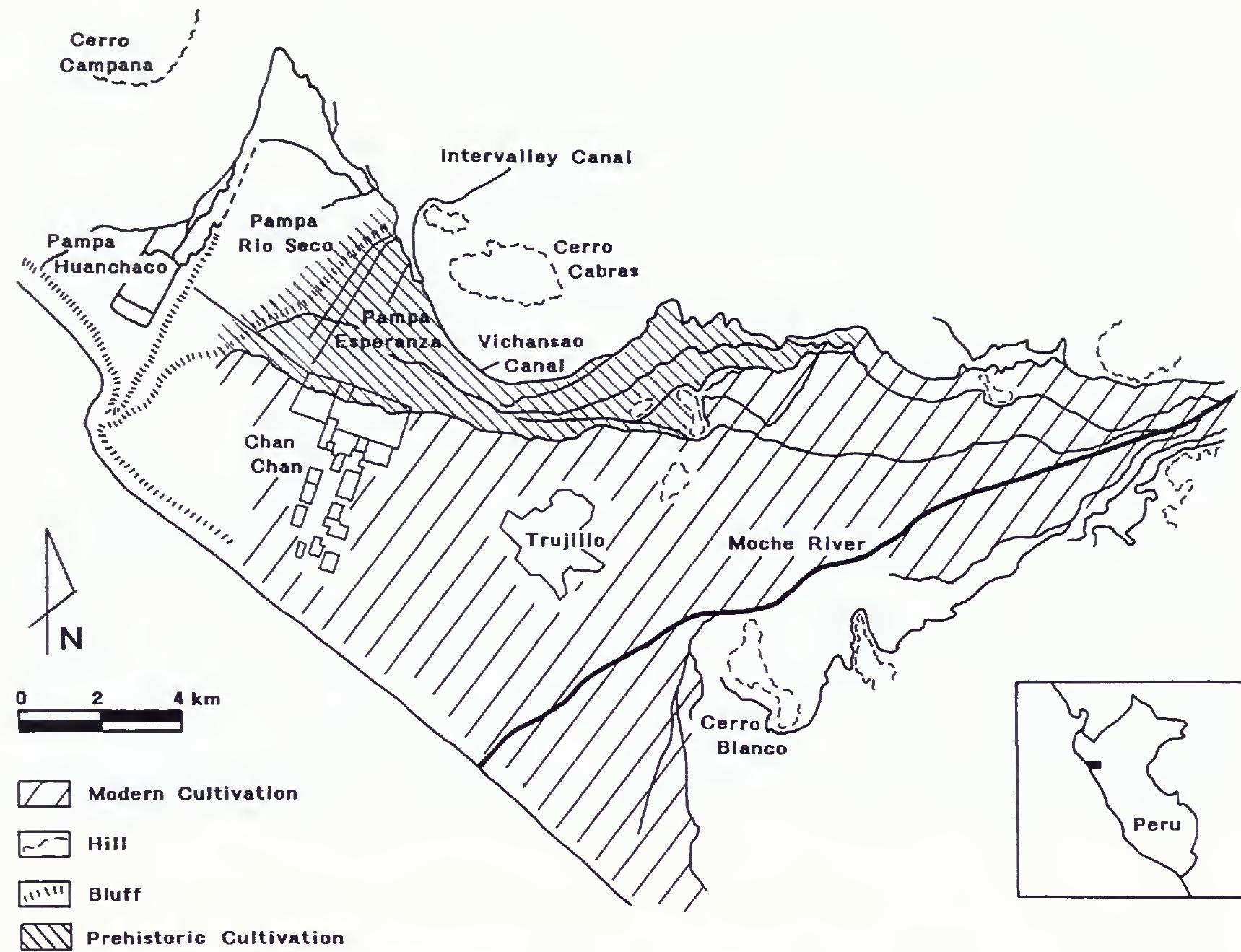 Map of the moche valley showing the extent of prehistoric