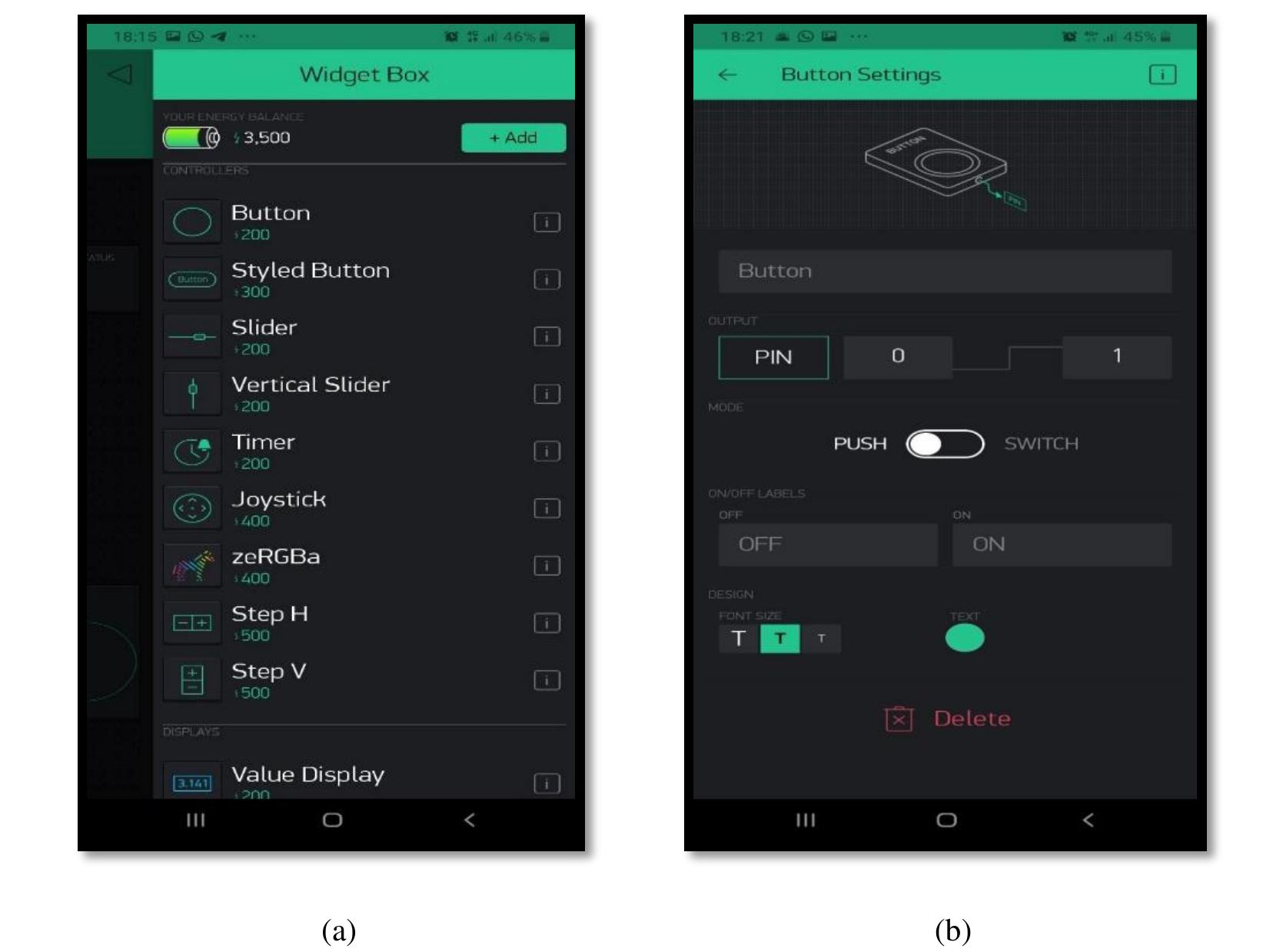 Blynk application, (a) components of the widget box, (b)