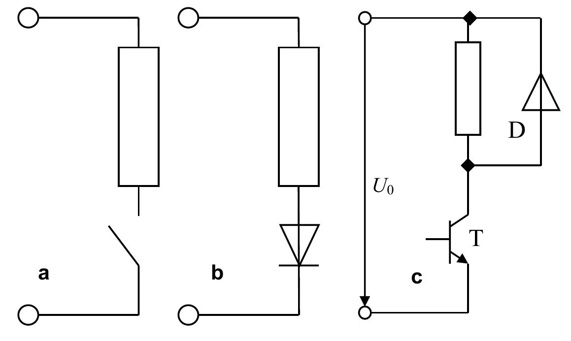2. a) simple switch, b) diode in series, c) transistor
