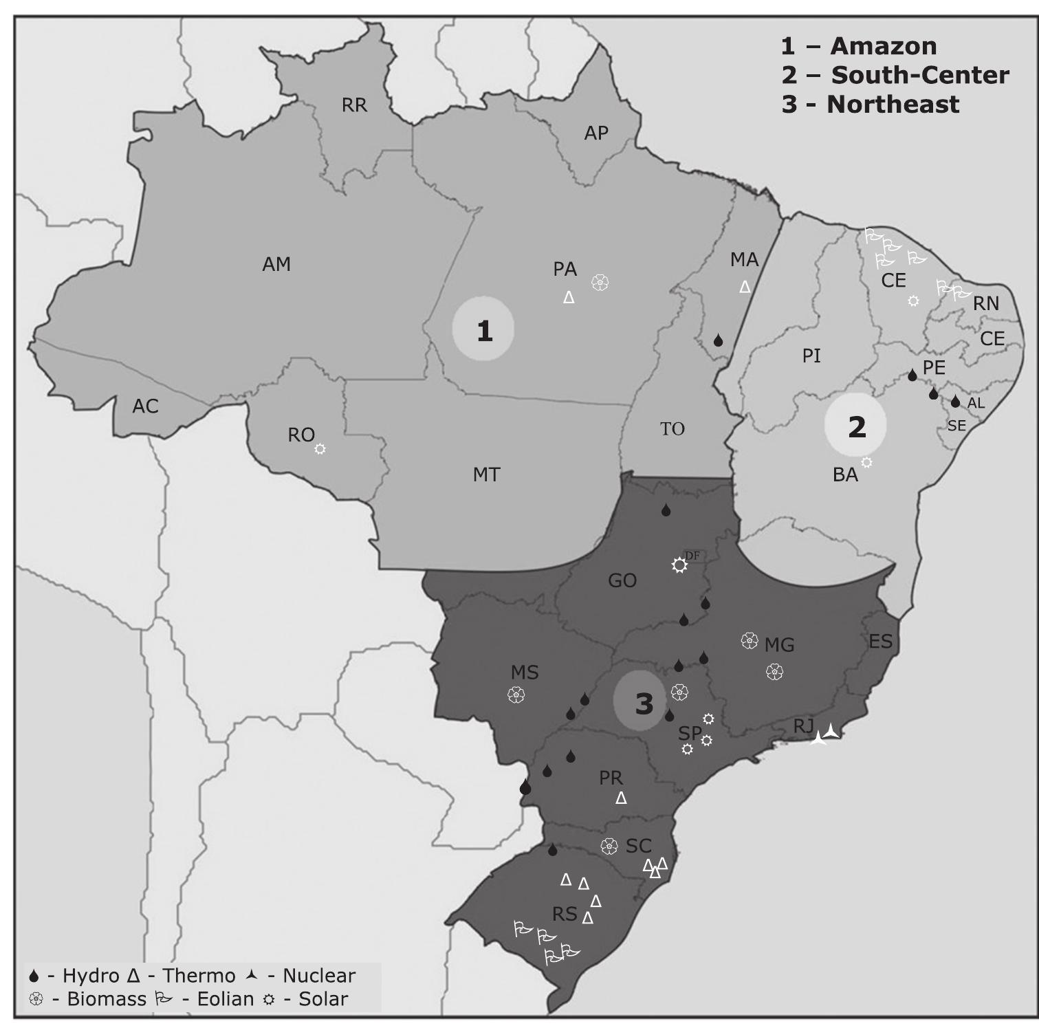 Map of brazil with top power plants by energy source.