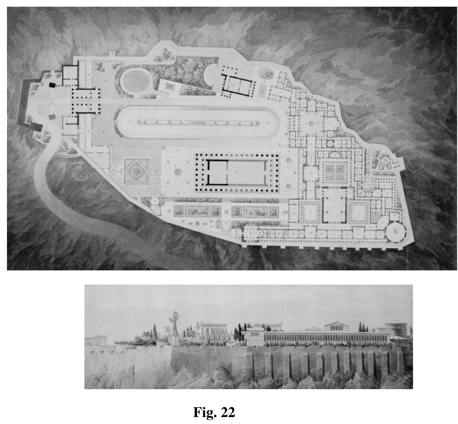 The acropolis/palace project, plan and south elevation