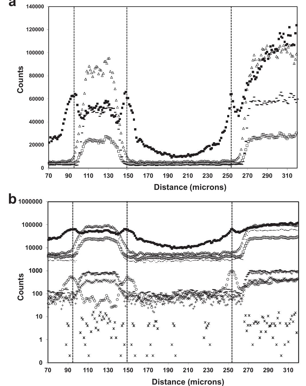 A, b. la-icp-ms scan across the cross-section of red type a