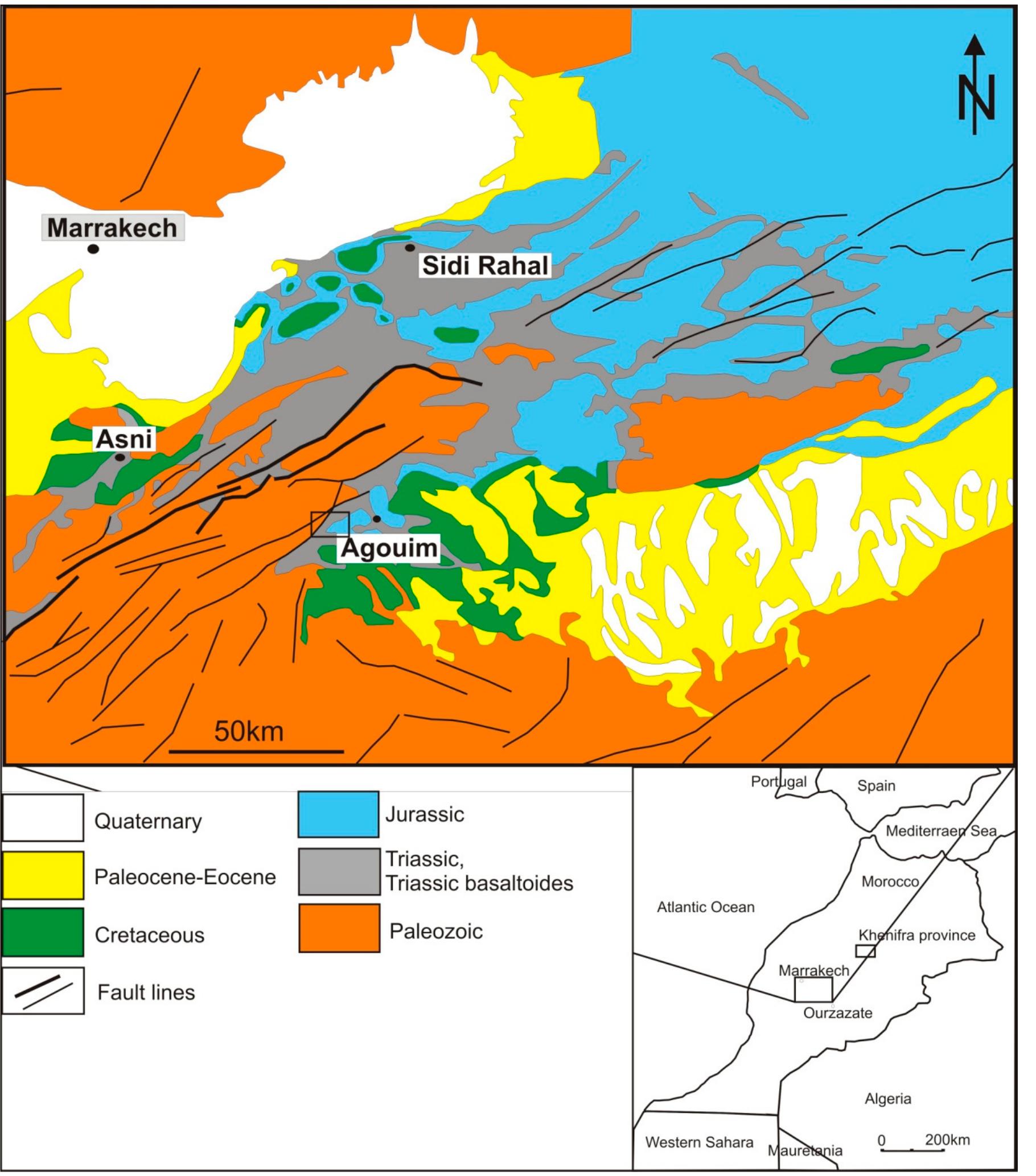 Simplified geological map of the western atlas area focusing