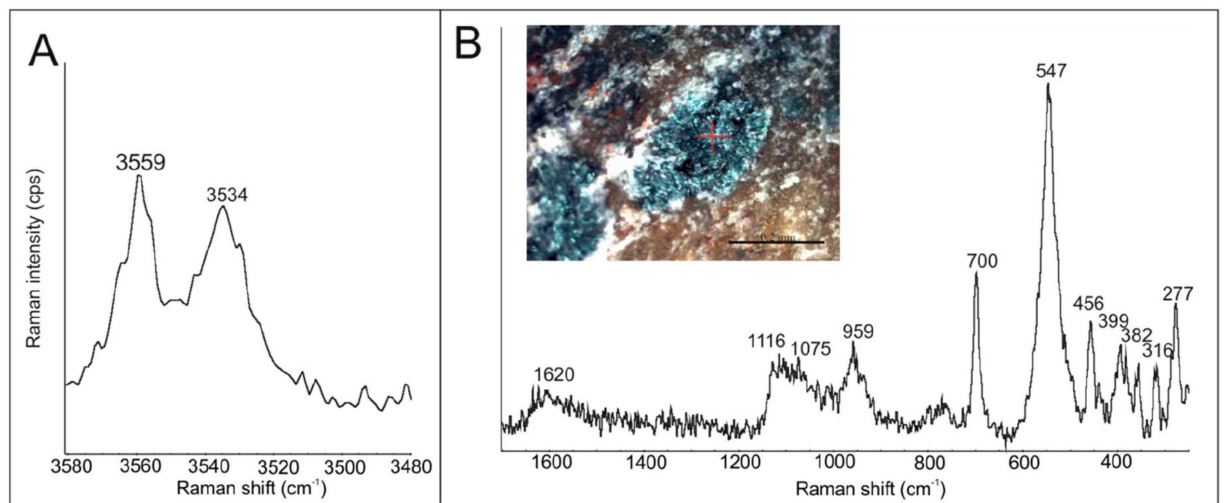 Microphotograph and raman spectra of celadonite in the range