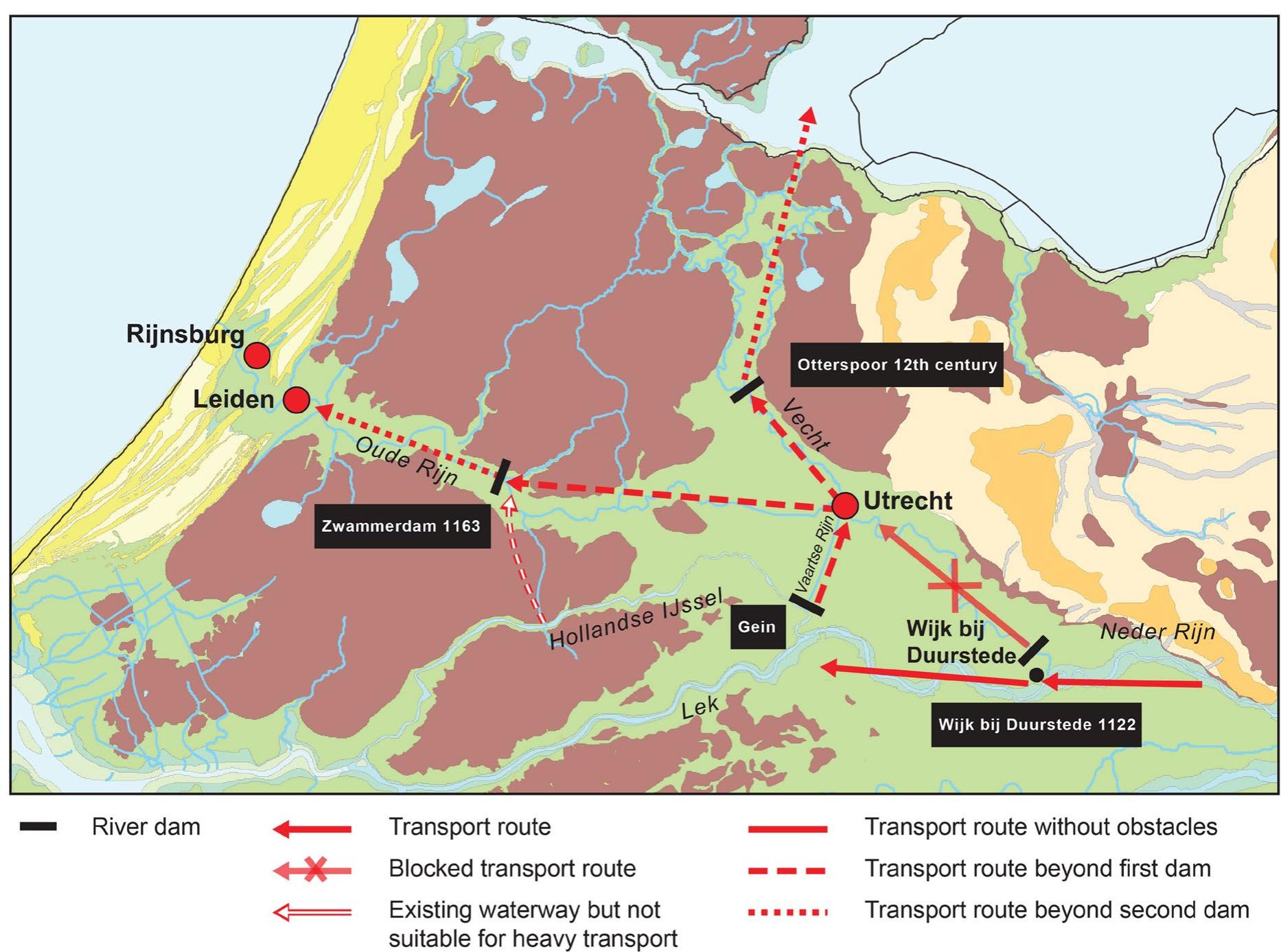 Map of central part of the netherlands with trade routes and