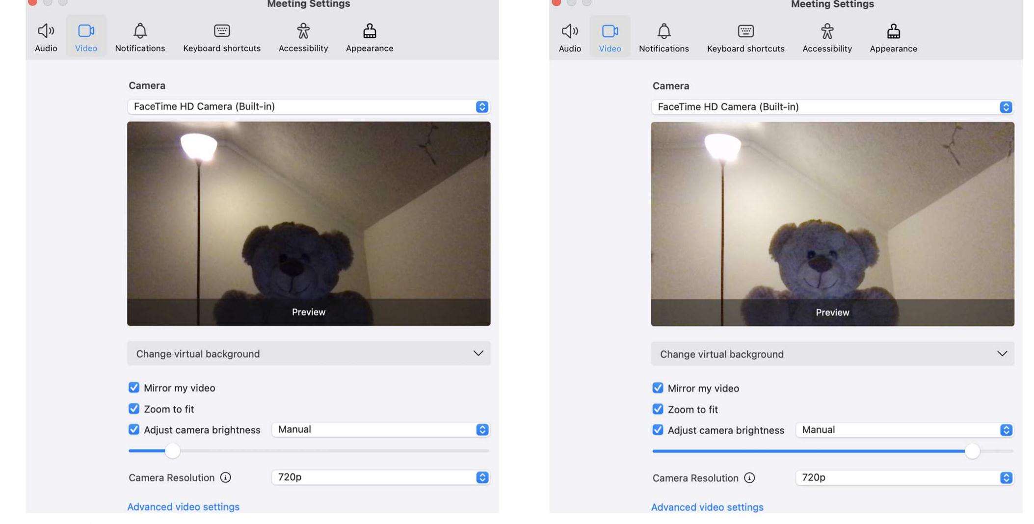 (a) adjusting the camera brightness from 10% (left) to 90%