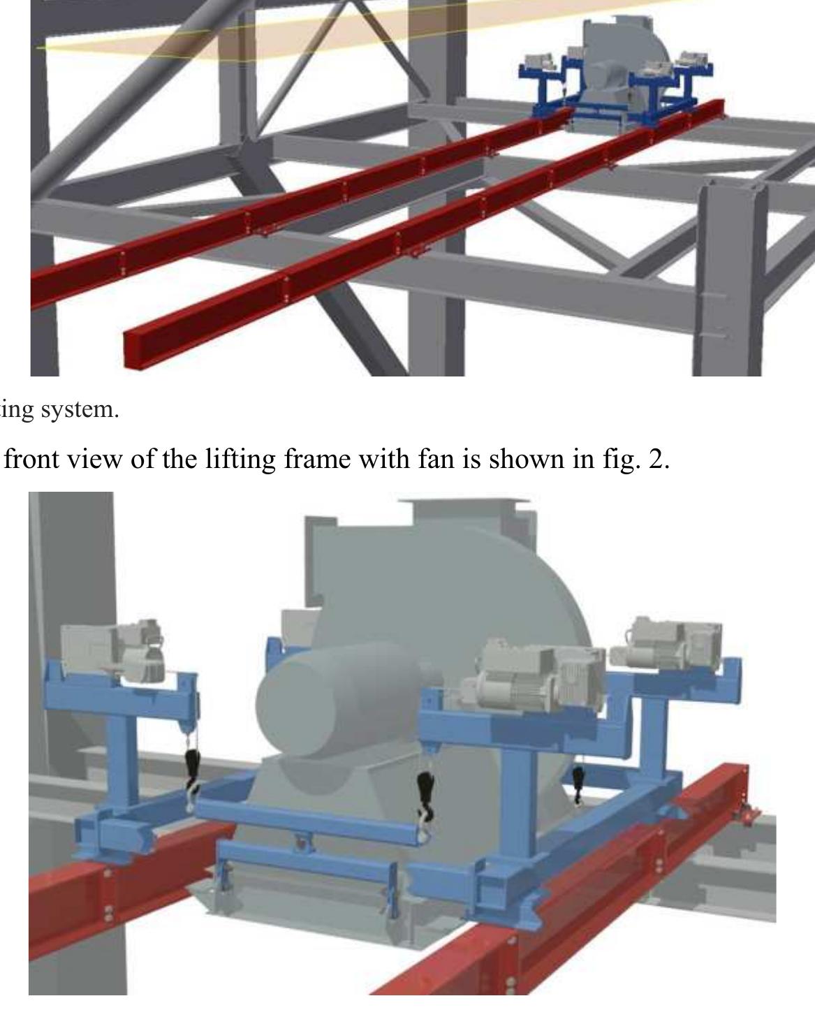 The 3d drawing of the lifting frame with the mounted fan,