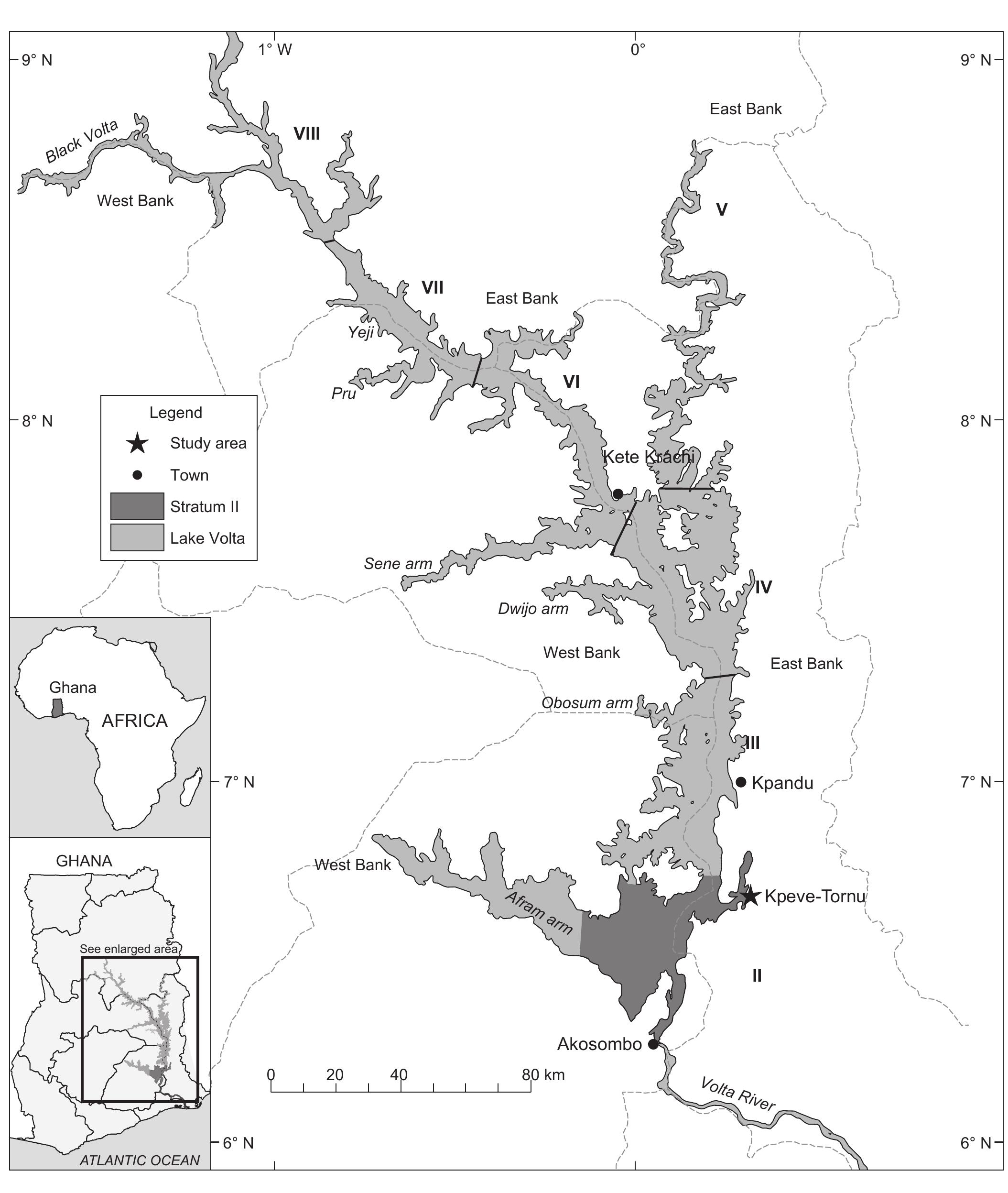 Map of lake volta showing all its strata, including the