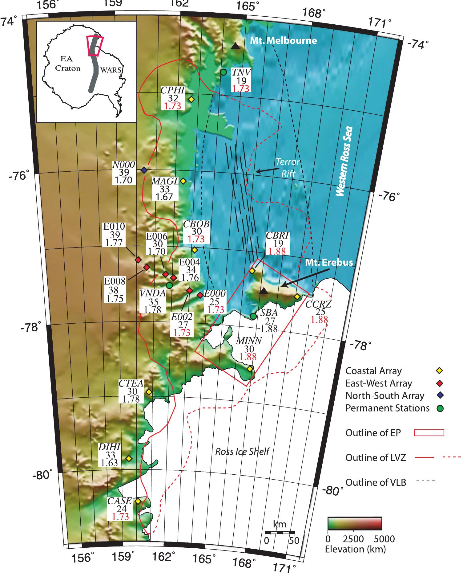 Topographic map of the tam showing seismic station locations