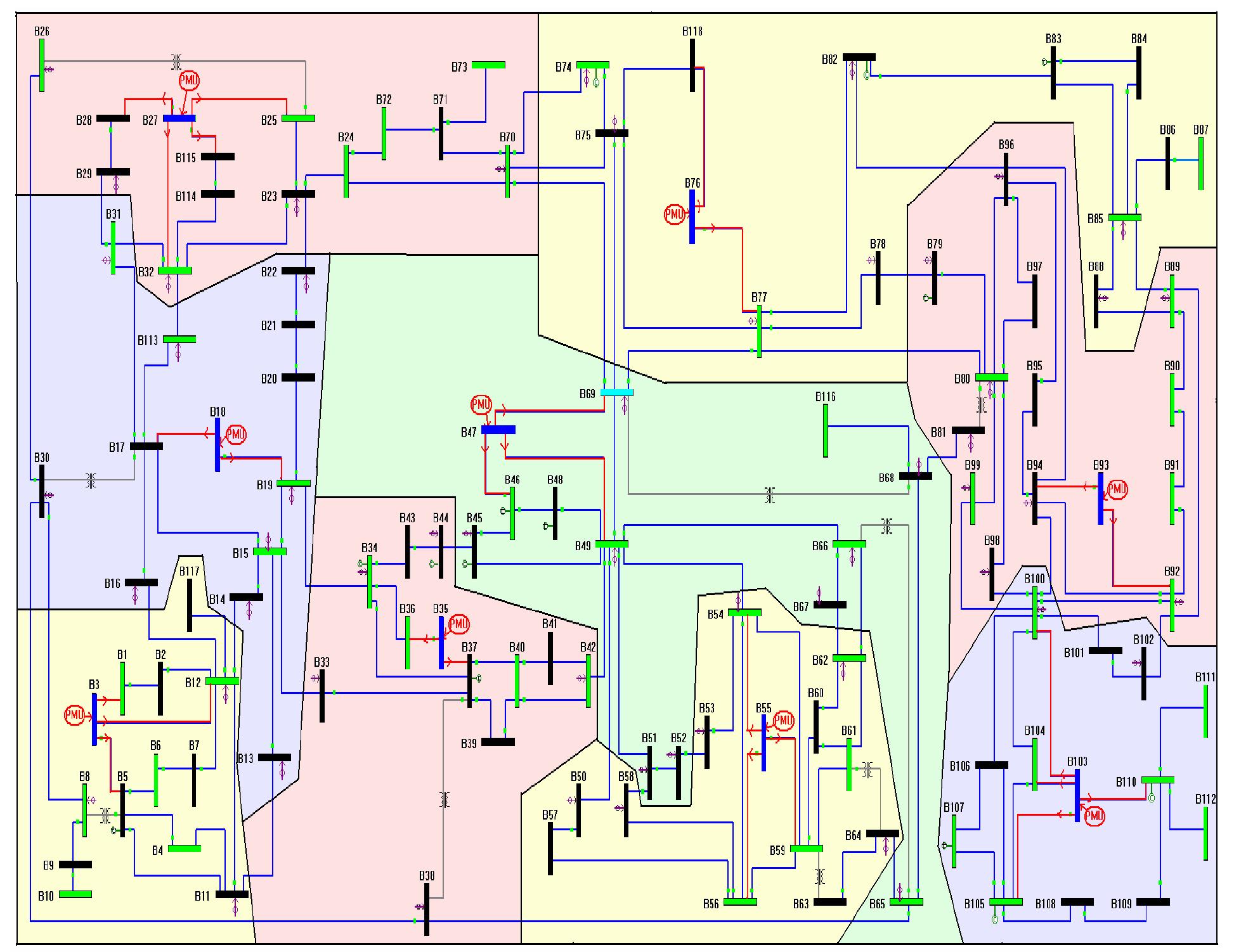 118-bus system diagram showing its areas and measurements