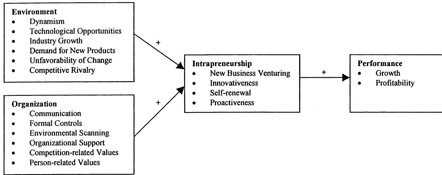 The intrapreneurship model and its direct effects.
