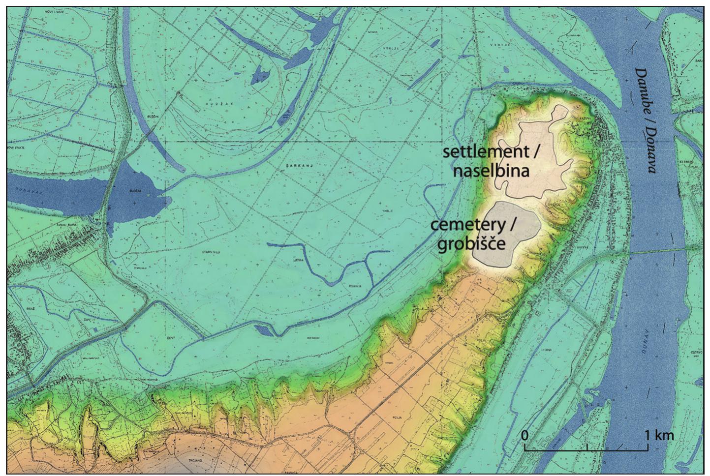 Batina. a map of the site with marked settlement area and