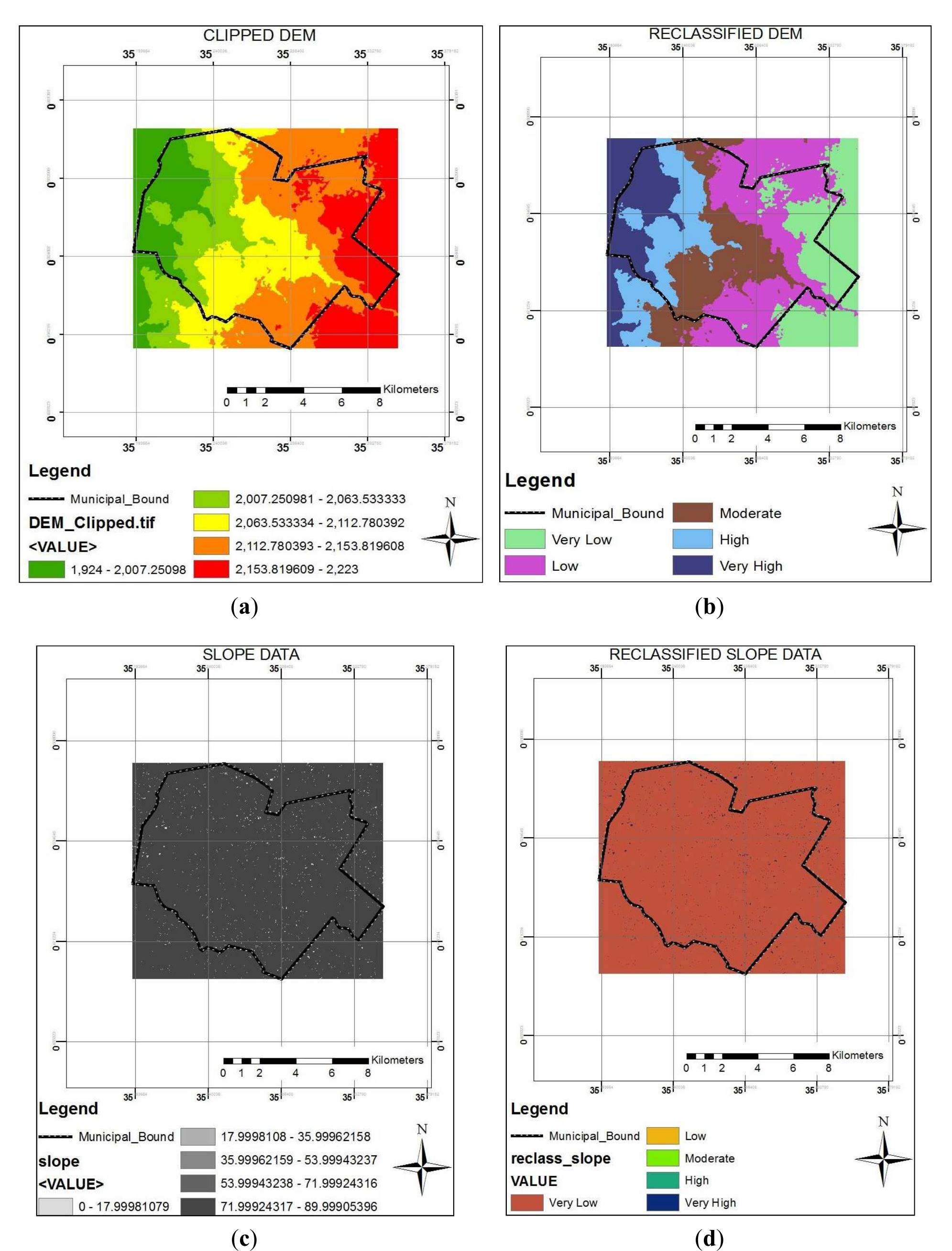 Elevation and slope maps: (a) and (c) are the original