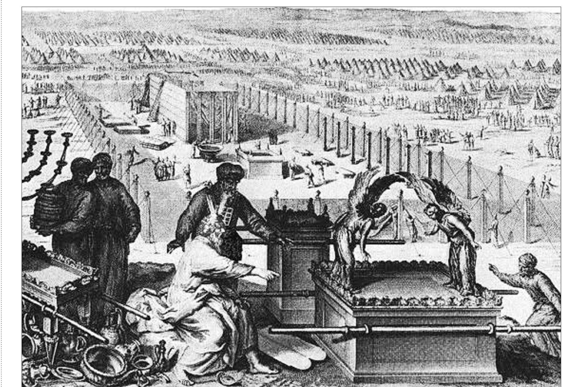 Moses preparing the ark of the covenant. tabernacle is in