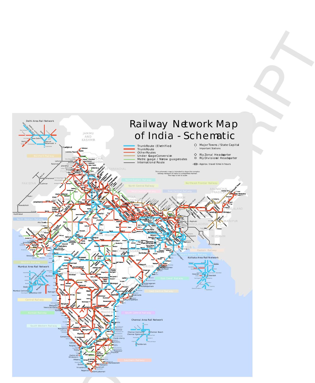 Schematic map of indian railway network showing