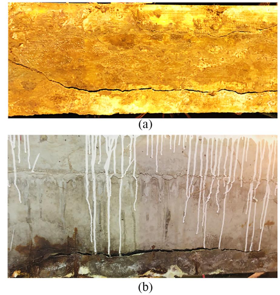 Corrosion-induced cracks of the beam b-y-100: (a) top