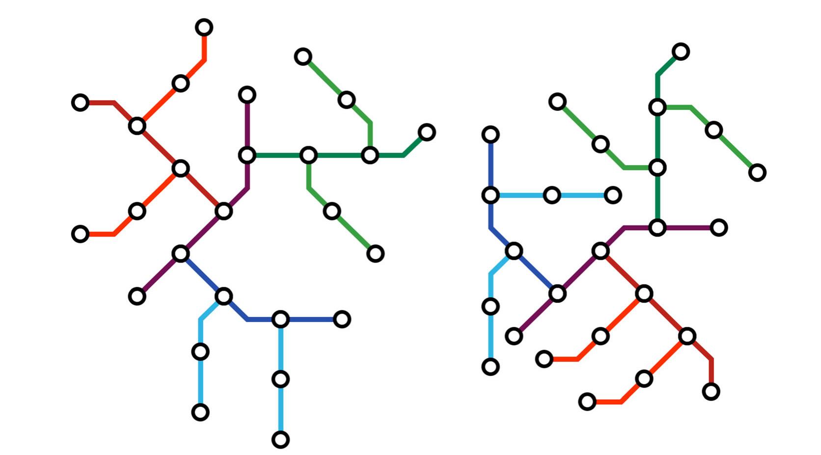 Two family metro maps of the same family tree. the 9 bending