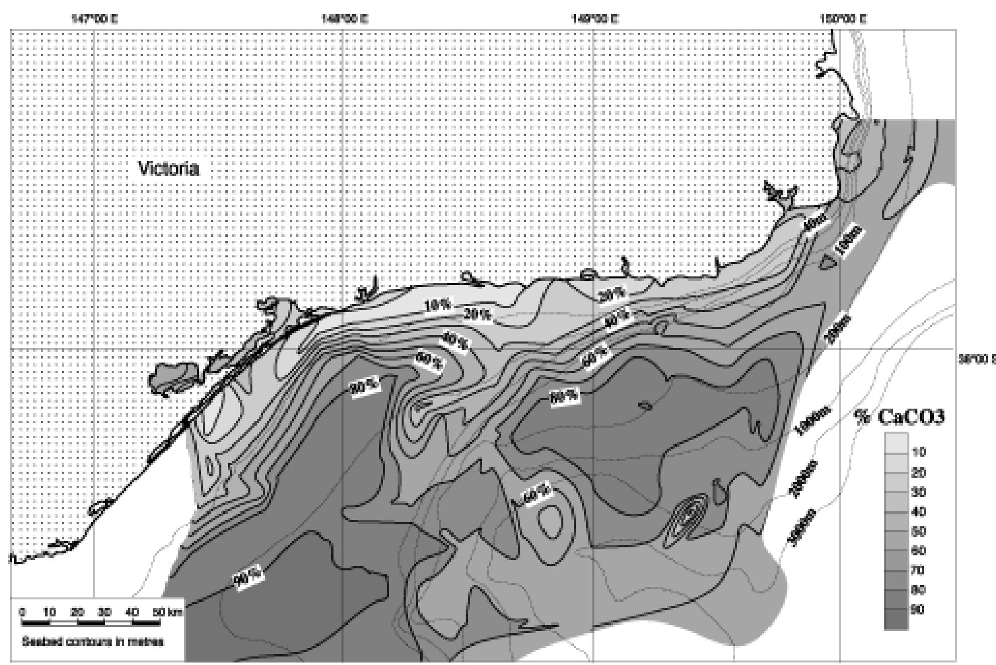 Contour map of the gippsland shelf showing the distribution