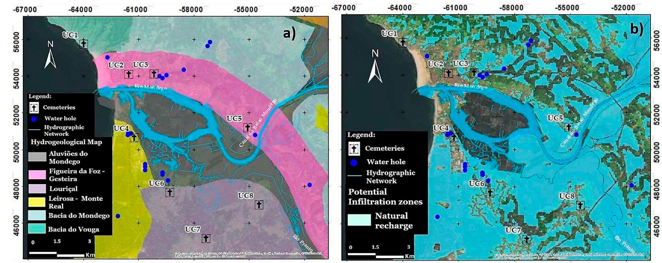 (a) hydrogeological map; (b) potential infiltration zones of