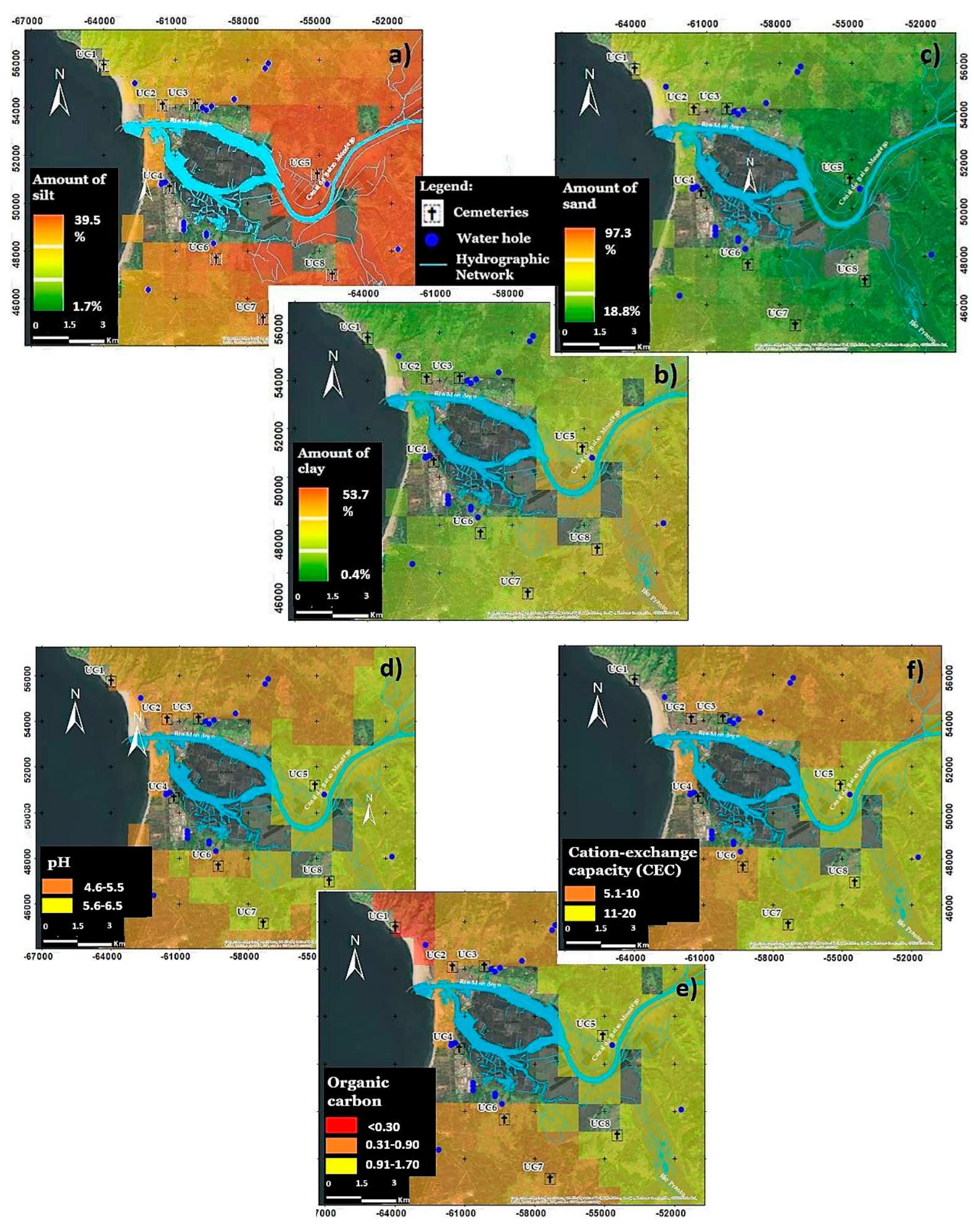 (a) silt map; (b) clay map; (c) sand map; (d) ph map; (e)