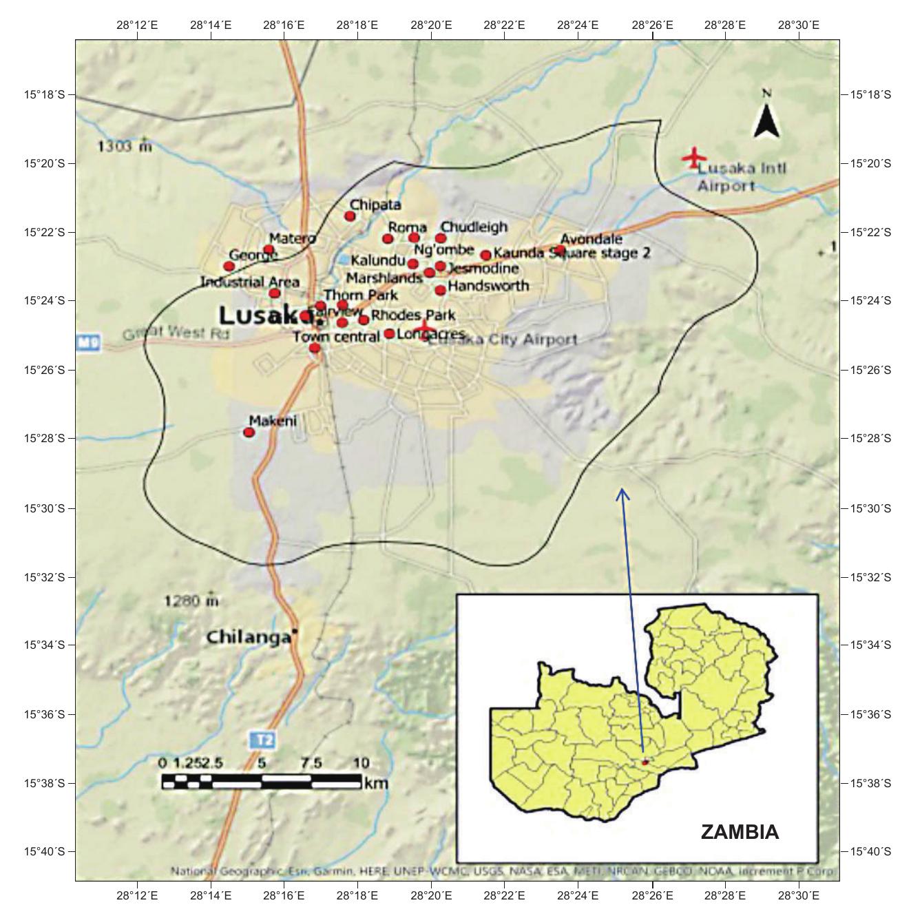 Map showing waste collection sites (red dots) in lusaka,