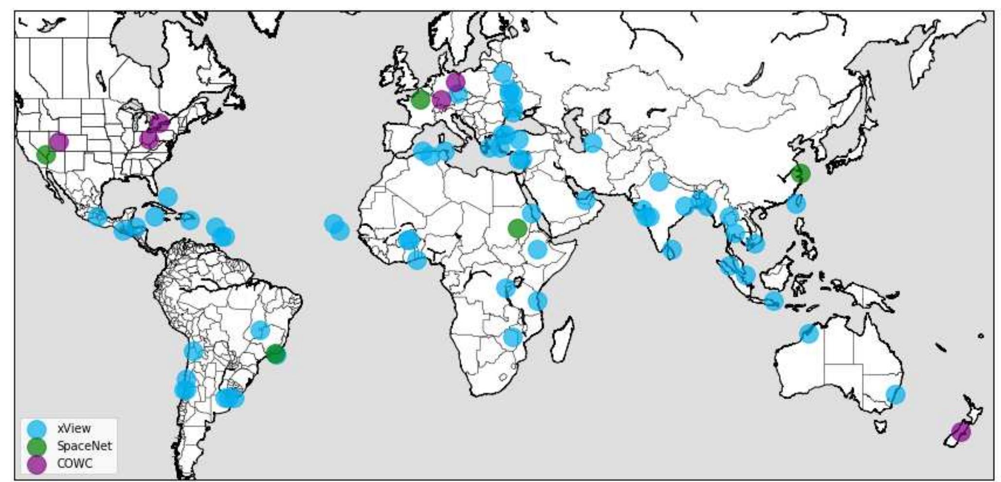 The geographical locations of xview, cowc, and spacenet.