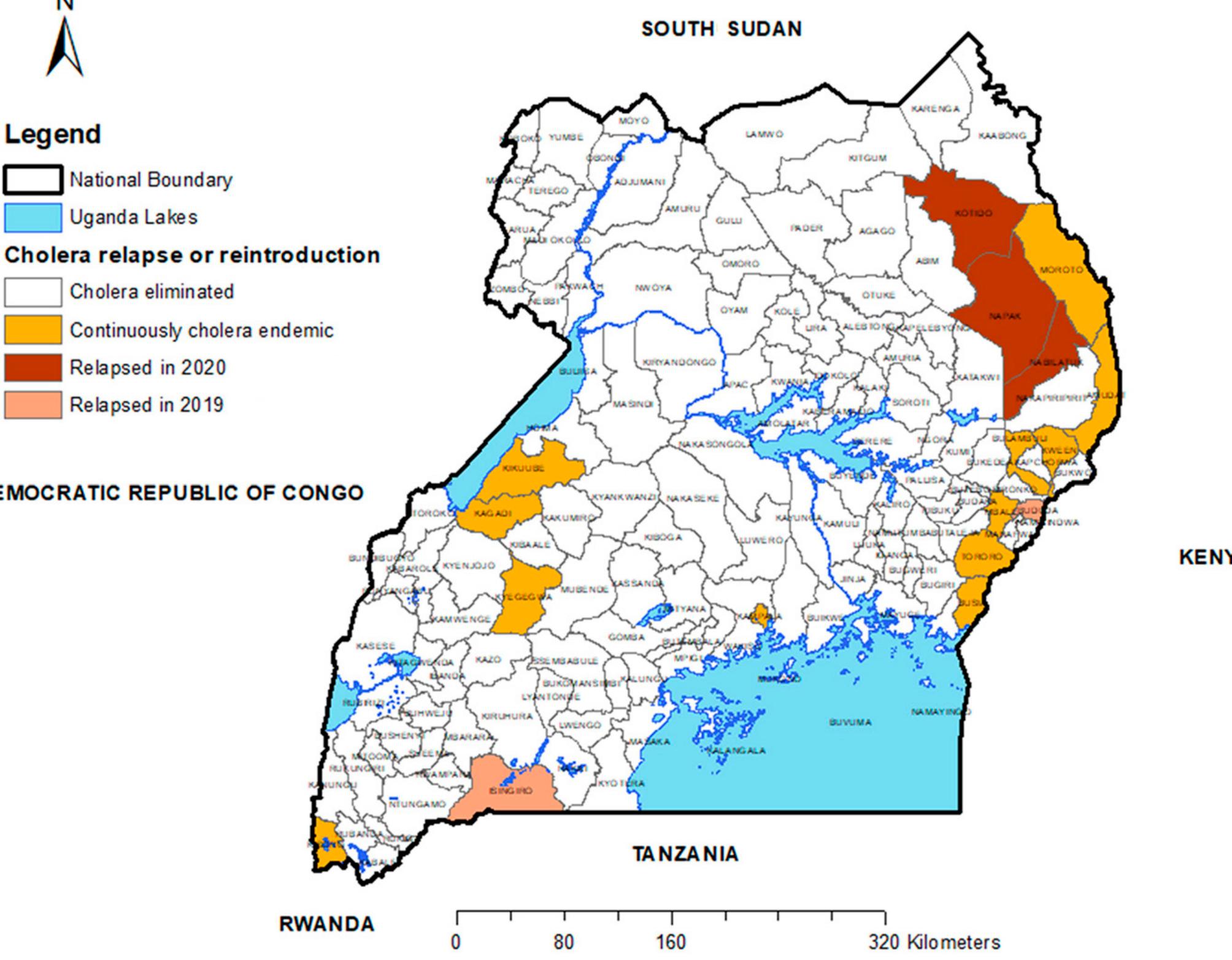 Uganda map showing districts that were continuously endemic